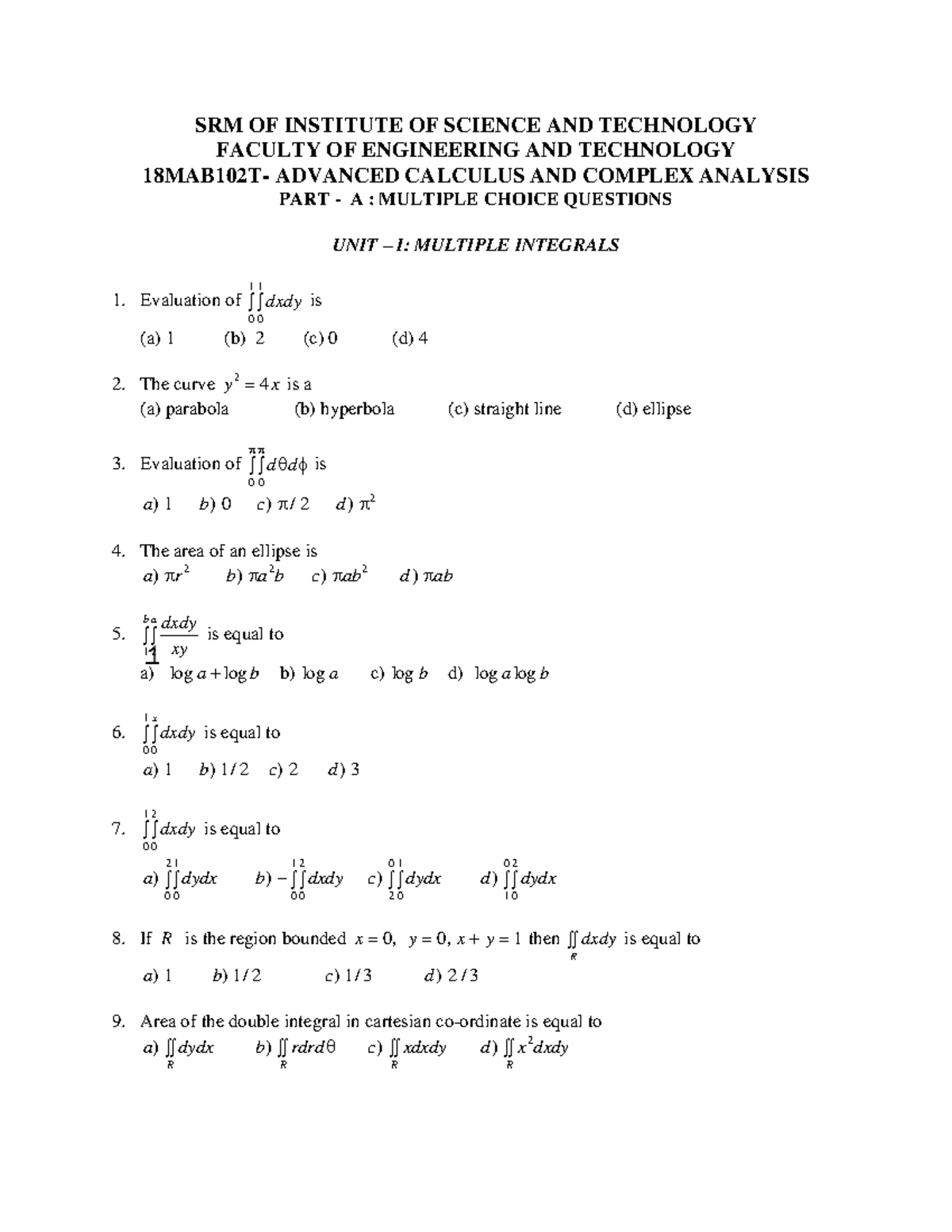 Maths MEGA MCQ List-1 - SRM OF INSTITUTE OF SCIENCE AND TECHNOLOGY ...