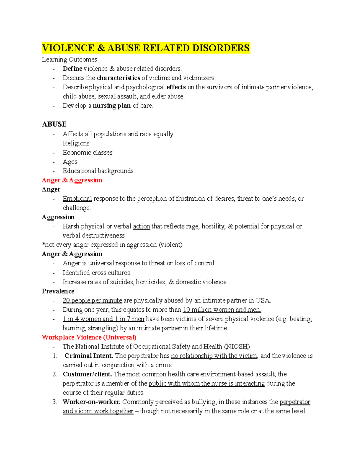 N322 - Violence and abuse related disorders - VIOLENCE & ABUSE RELATED ...