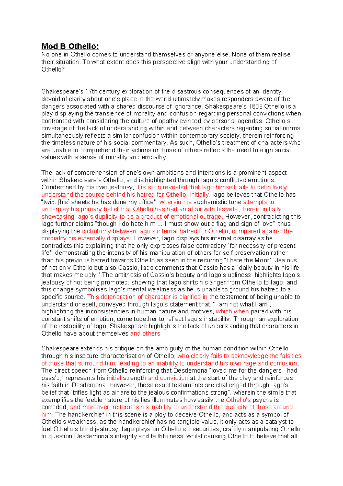 Essay 4. - A sample essay on Othello - Mod B Othello: No one in Othello ...