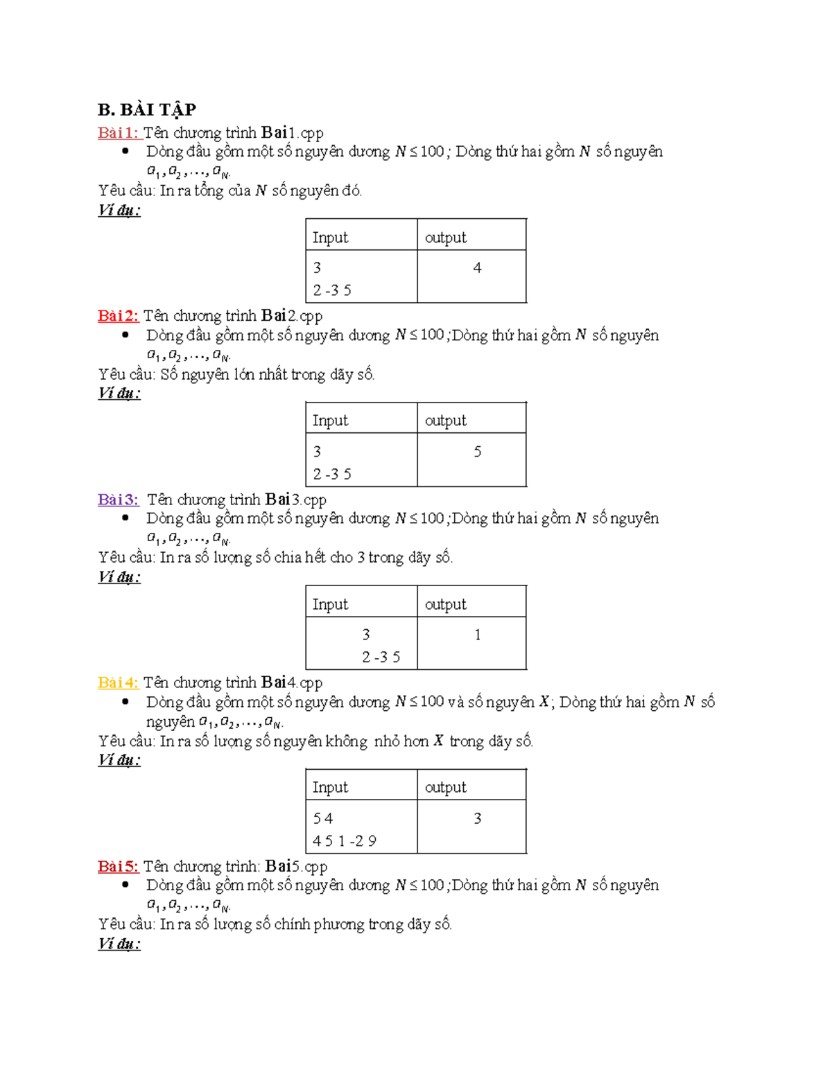 Bai tap mang 1 chieu - dasdad - B. BÀI TẬP Bài 1: Tên chương trình Bai1 ...
