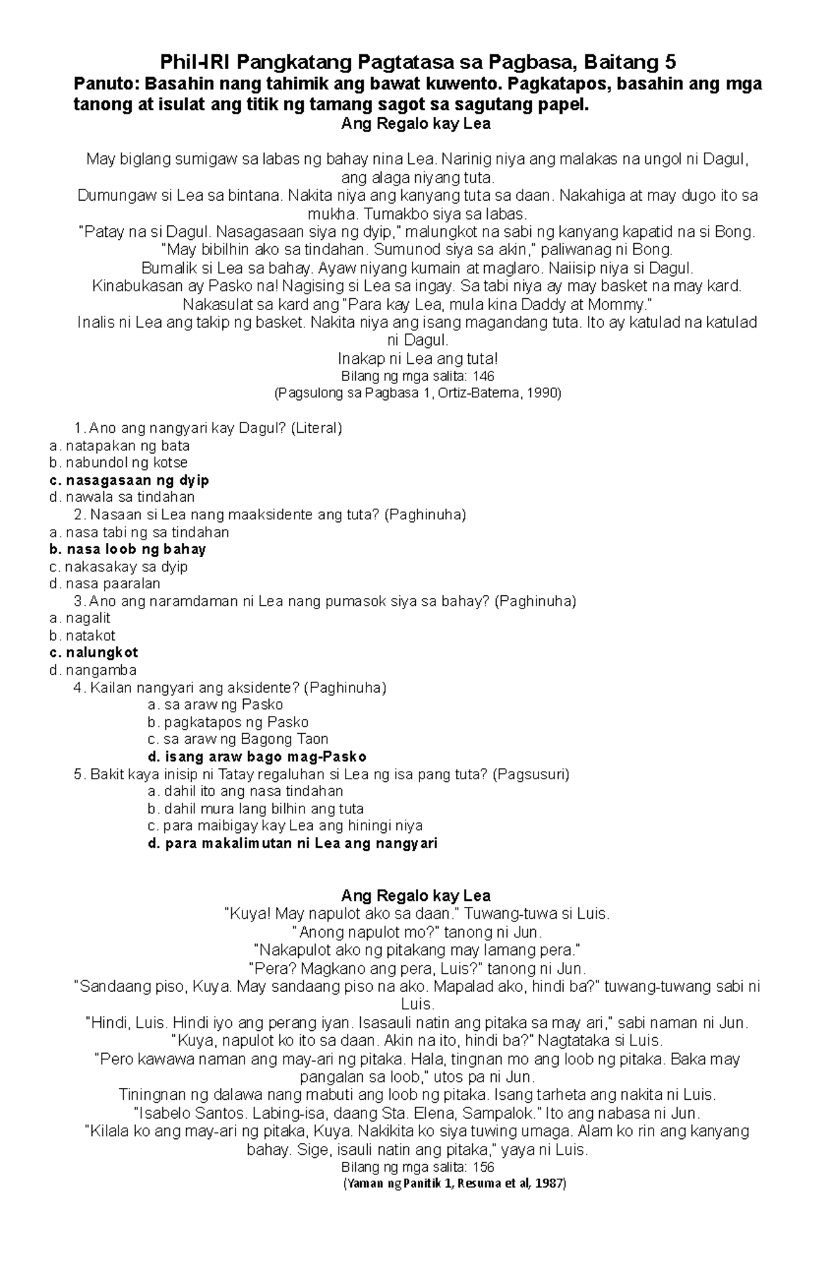 Grade 5 - reading materials - Phil-IRI Pangkatang Pagtatasa sa Pagbasa, Baitang 5 Panuto ...