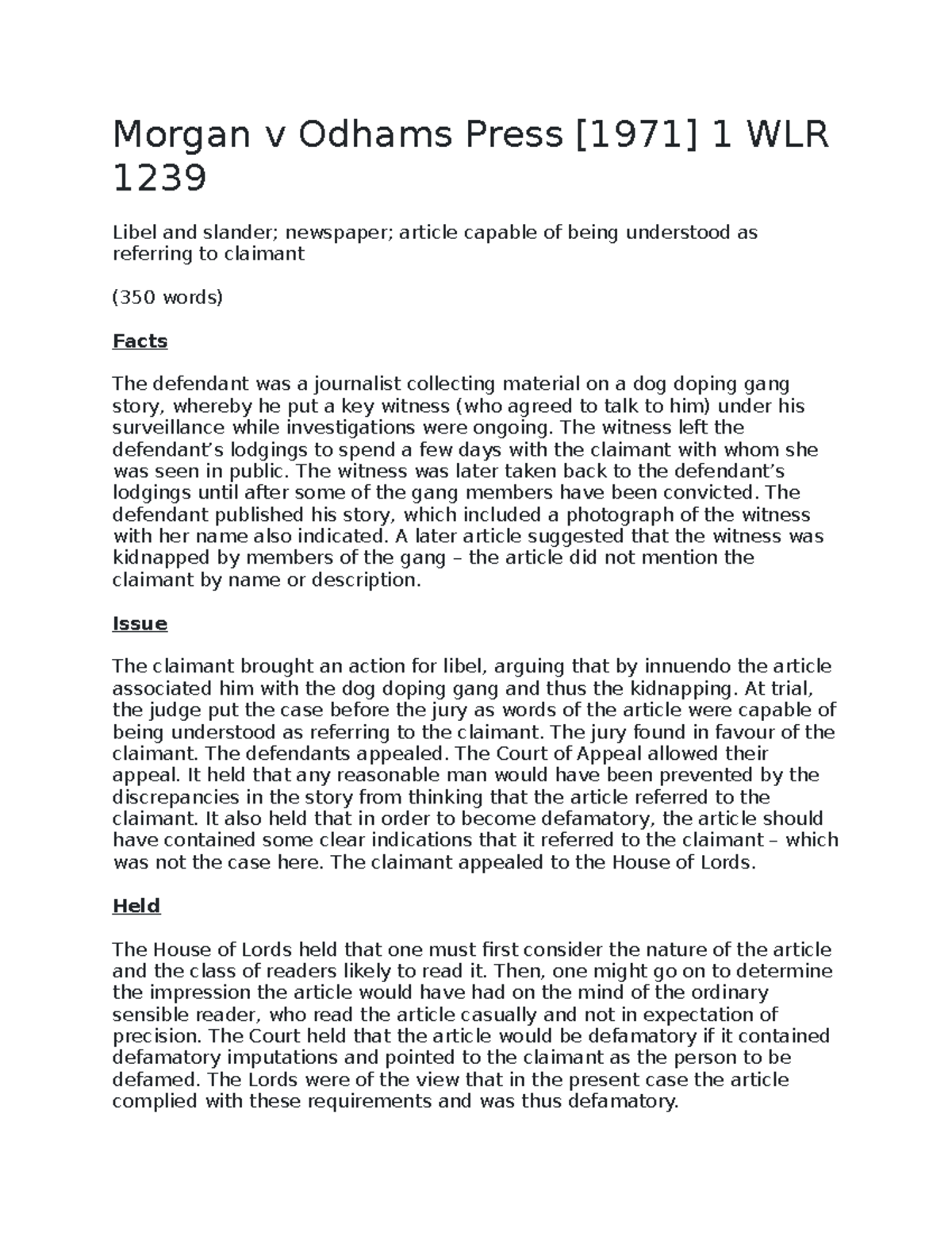 Morgan - CASE ON DEFAMATION - Morgan v Odhams Press [1971] 1 WLR 1239 ...