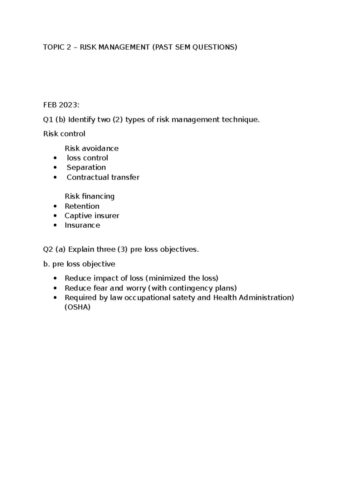 Ins200 past year tutorial 2 - TOPIC 2 – RISK MANAGEMENT (PAST SEM QUESTIONS) FEB 2023: Q1 (b ...
