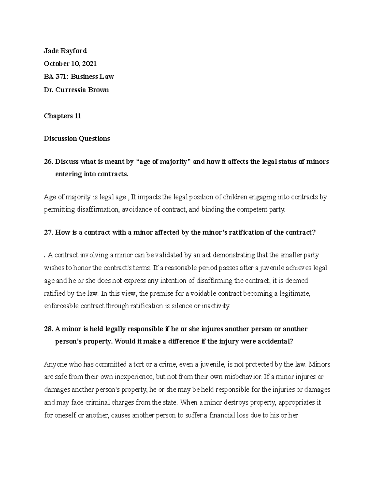 Chapter 11-12: Business Law/ Policies 1 - Jade Rayford October 10, 2021 ...