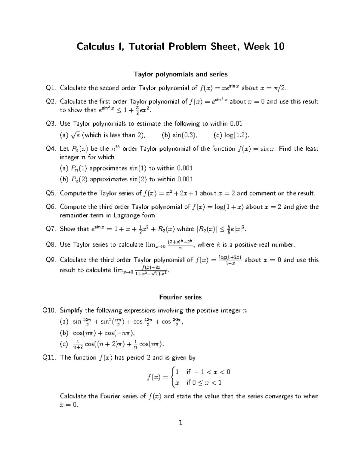 TU10 - Calculus I, Tutorial Problem Sheet, Week 10 Taylor polynomials ...
