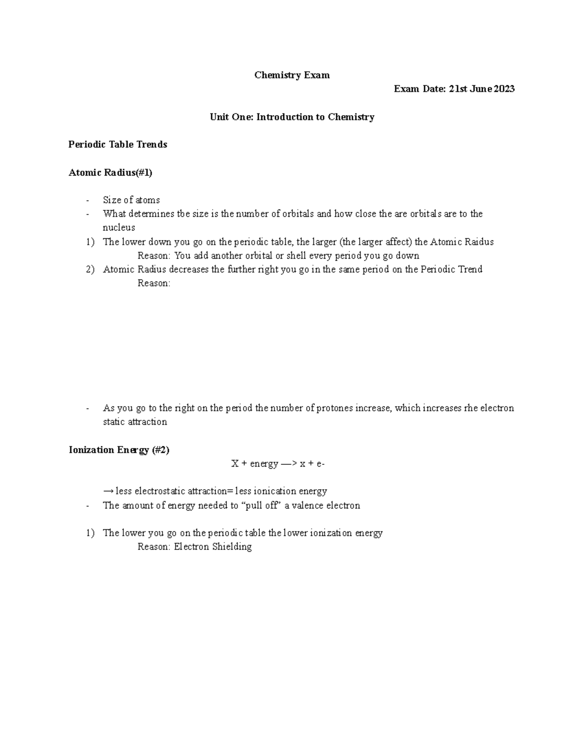 Chemistry Exam Review - Chemistry Exam Exam Date: 21st June 2023 Unit ...