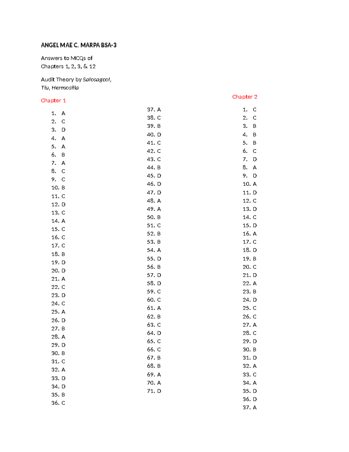 Audtheo answers to MCQs - ANGEL MAE C. MARPA BSA- Answers to MCQs of Chapters 1, 2, 3, & 12 ...