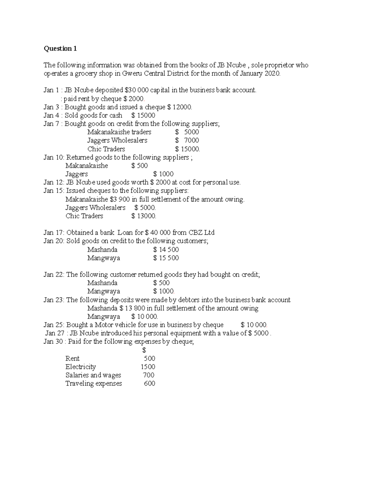 Accounting data processing -exercise 1 - Question 1 The following ...