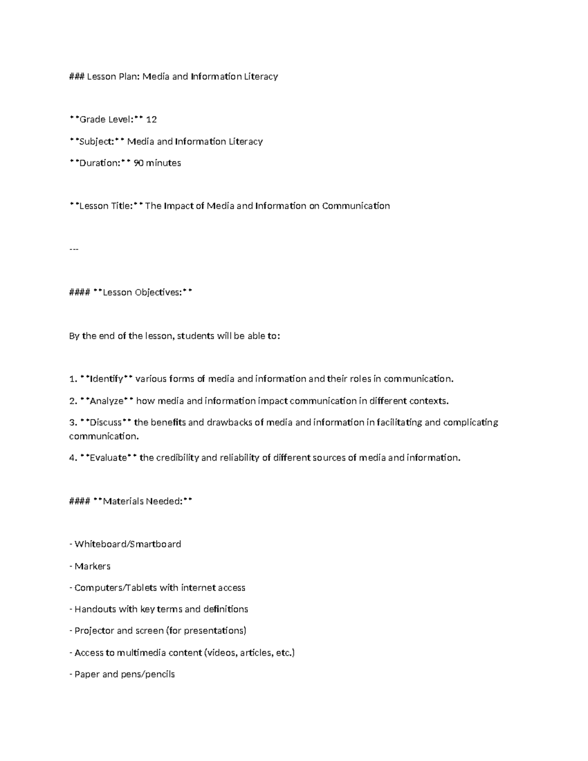 Q1 W1 MIL LP - MEDIA AND INFORMATION LITERACY ORIENTATION LESSON PLAN ...