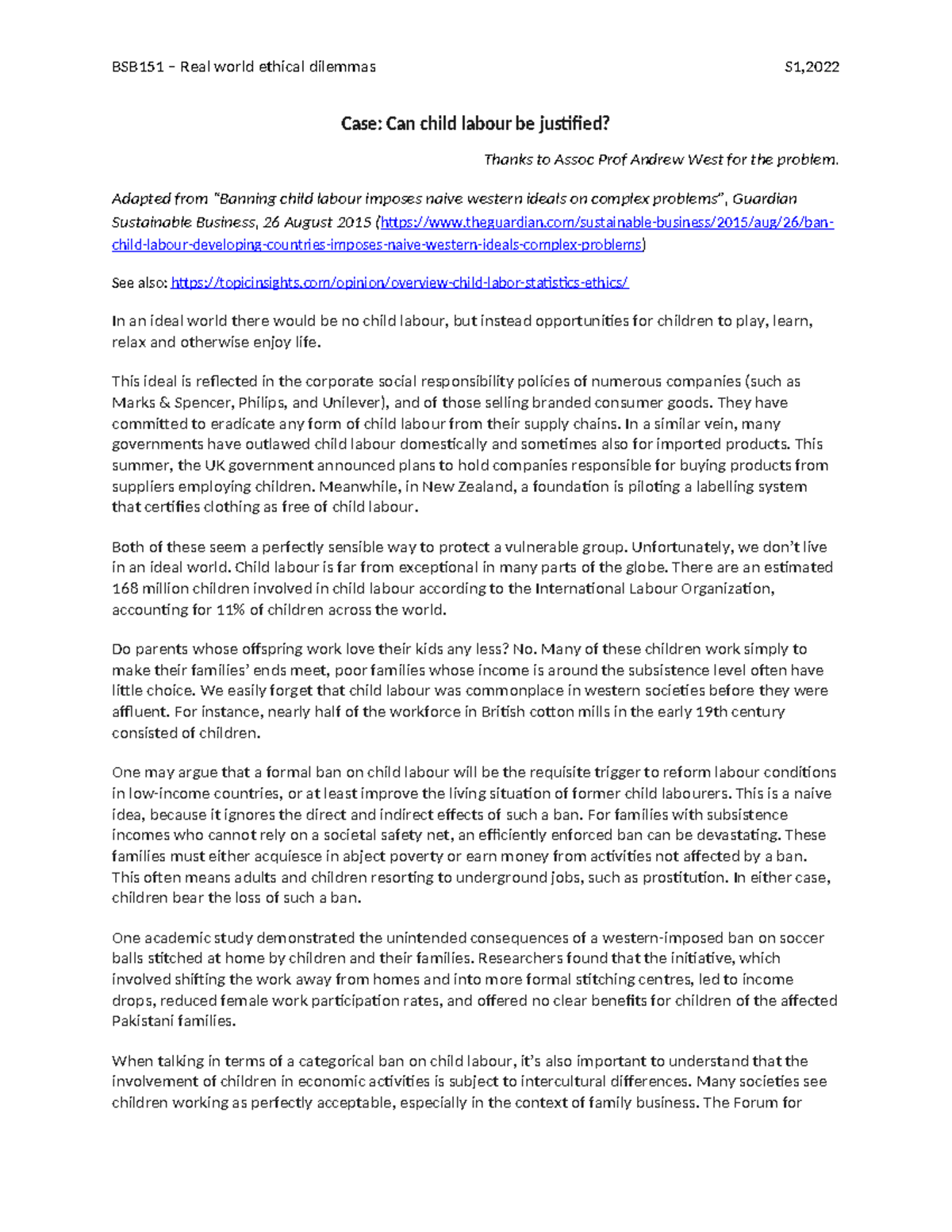22S2.02 BSB151 Tut1 Child labour - BSB151 – Real world ethical dilemmas ...
