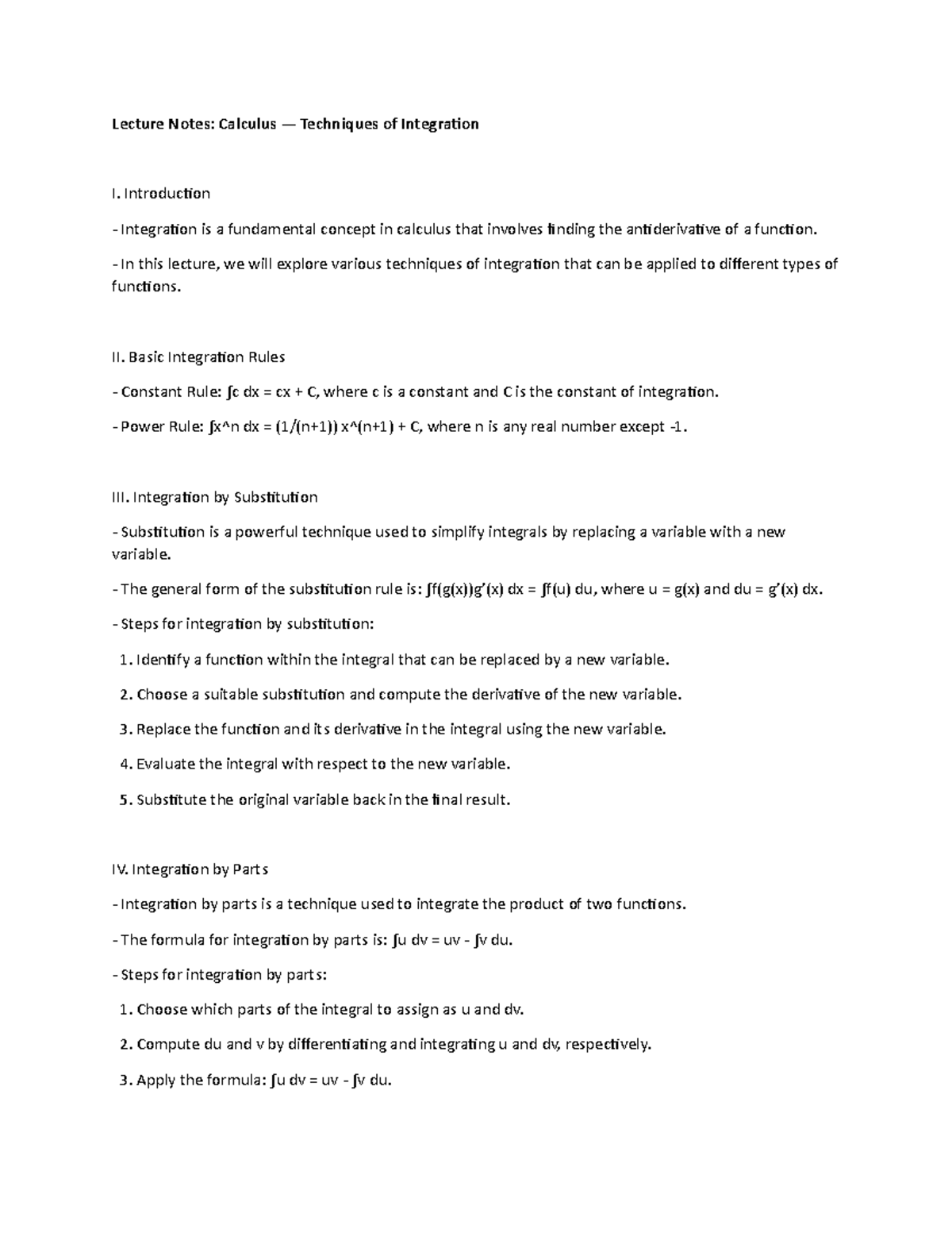 Lecture Notes: Calculus — Techniques of Integration - Lecture Notes ...