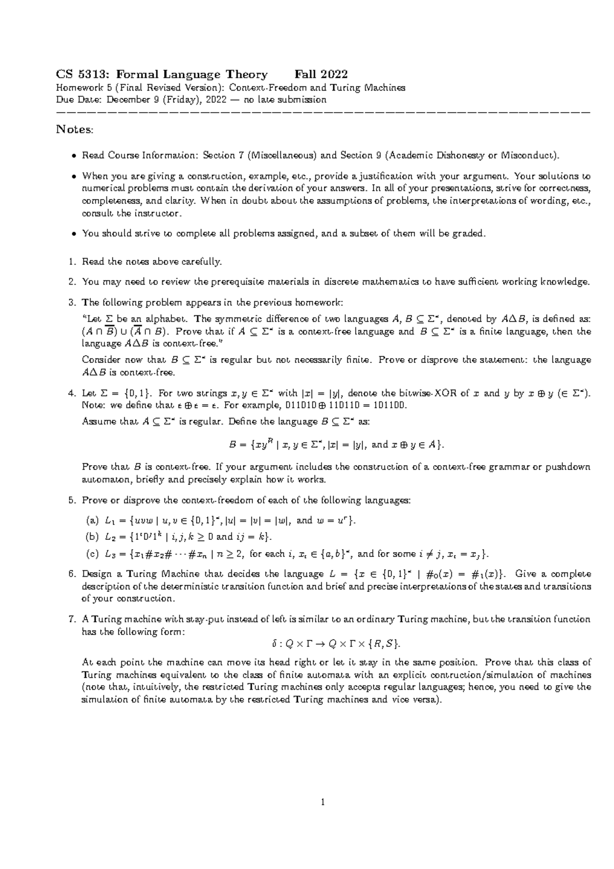 Hw5 3 - homework questions - CS 5313: Formal Language Theory Fall 2022 ...