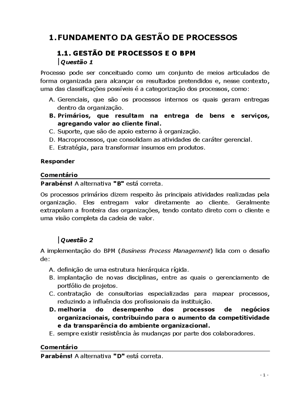 Modelagem de Processos - Exercícios - 1 DA GESTÃO DE PROCESSOS 1. GESTÃO DE PROCESSOS E O BPM ...