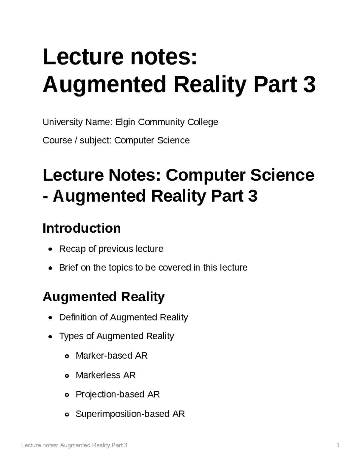 Lecture notes Augmented Reality Part 3 - Lecture notes: Augmented ...