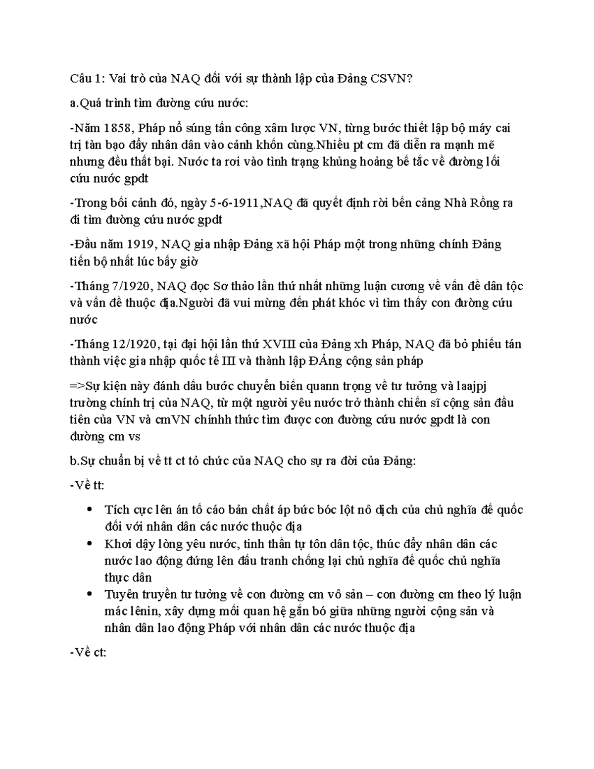 Câu 1 - văn hóa - Câu 1: Vai trò của NAQ đối với sự thành lập của Đảng CSVN? aá trình tìm đường ...
