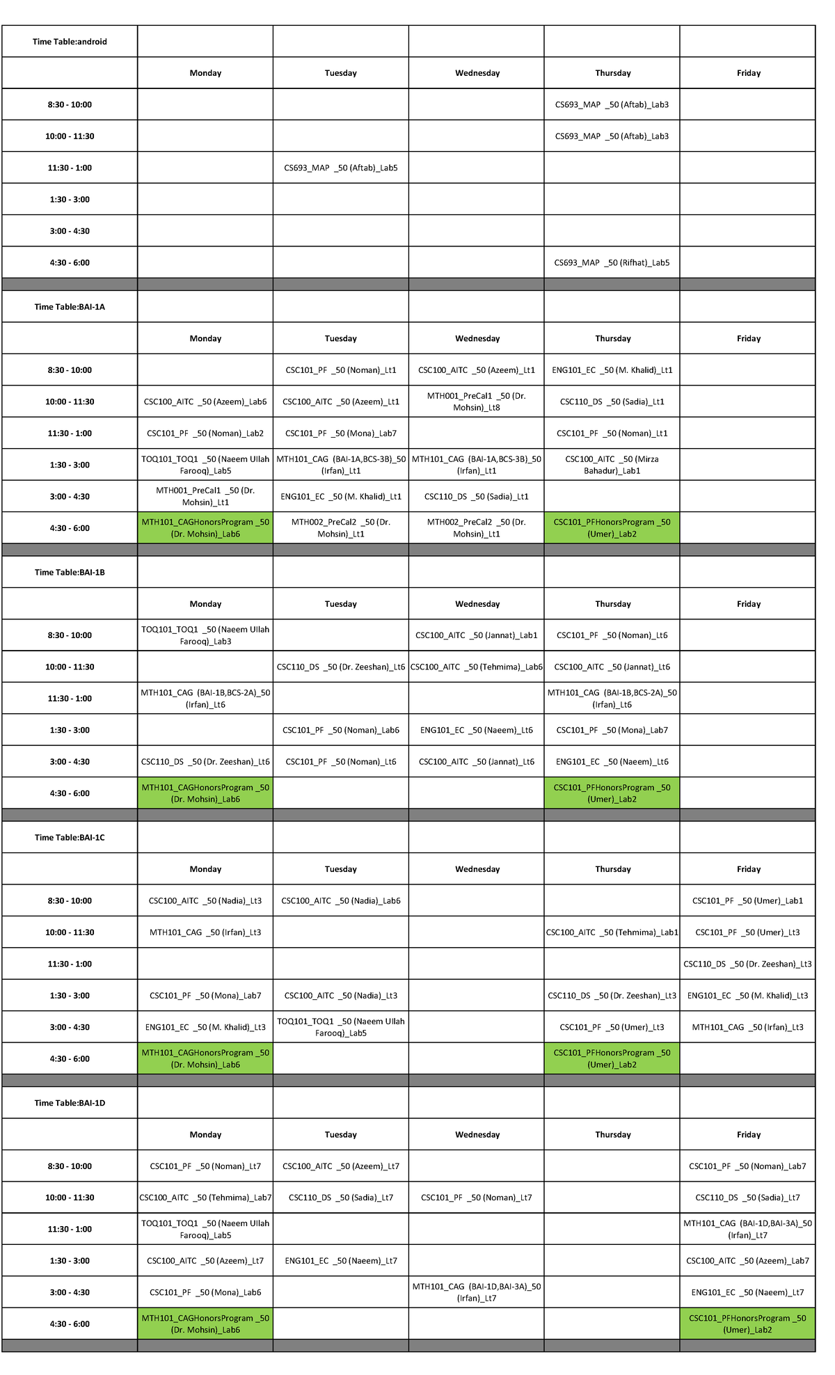 Classes - Time Table Fall 2023 v8 - Time Table:android 8:30 - 10 ...