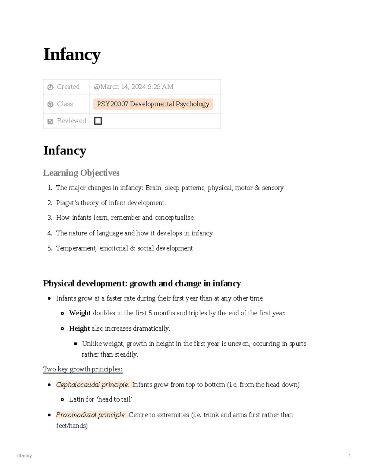 Infancy Lecture - Infancy Created Class PSY20007 Developmental ...