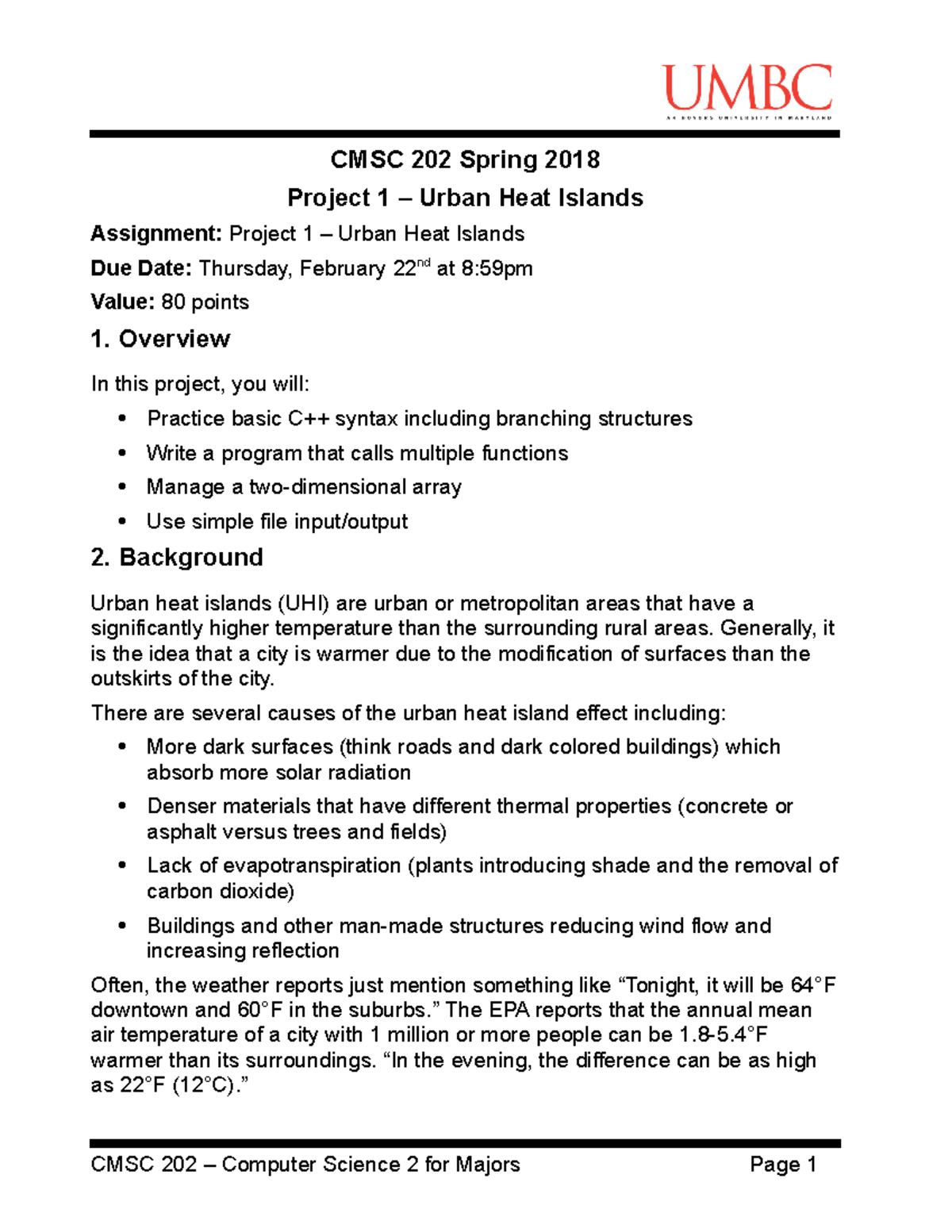 CMSC 202 - Project 1 - Urban Heat Islands - CMSC 202 Spring 2018 Project 1 Urban Heat Islands ...