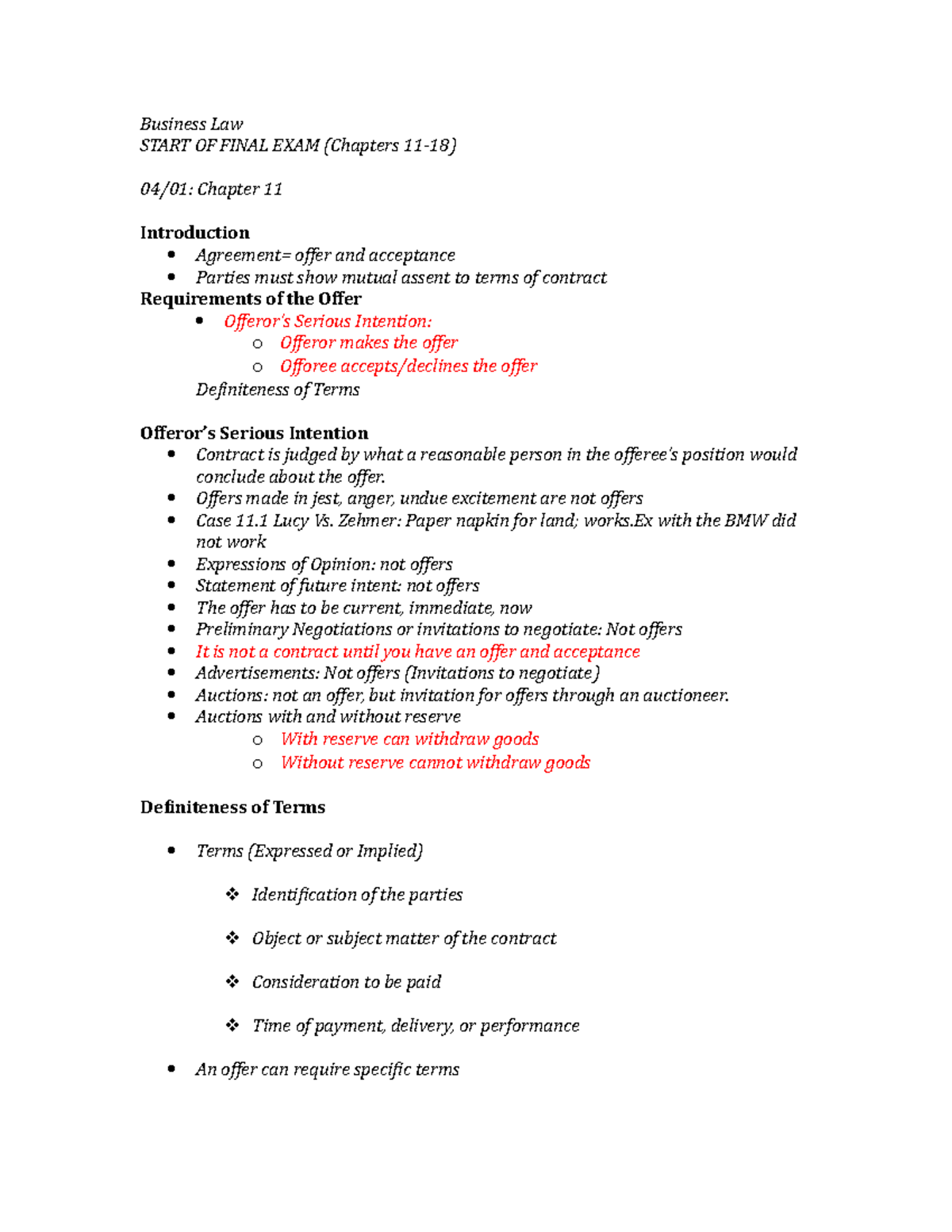 Business Law Final Notes - Business Law START OF FINAL EXAM (Chapters ...