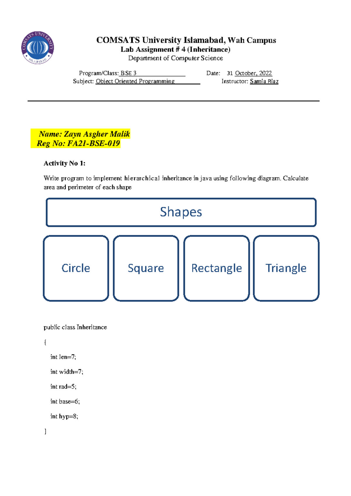 Oop Lab Assignment 04 Comsats University Islamabad Wah Campus Lab Assignment 4 Inheritance 5273