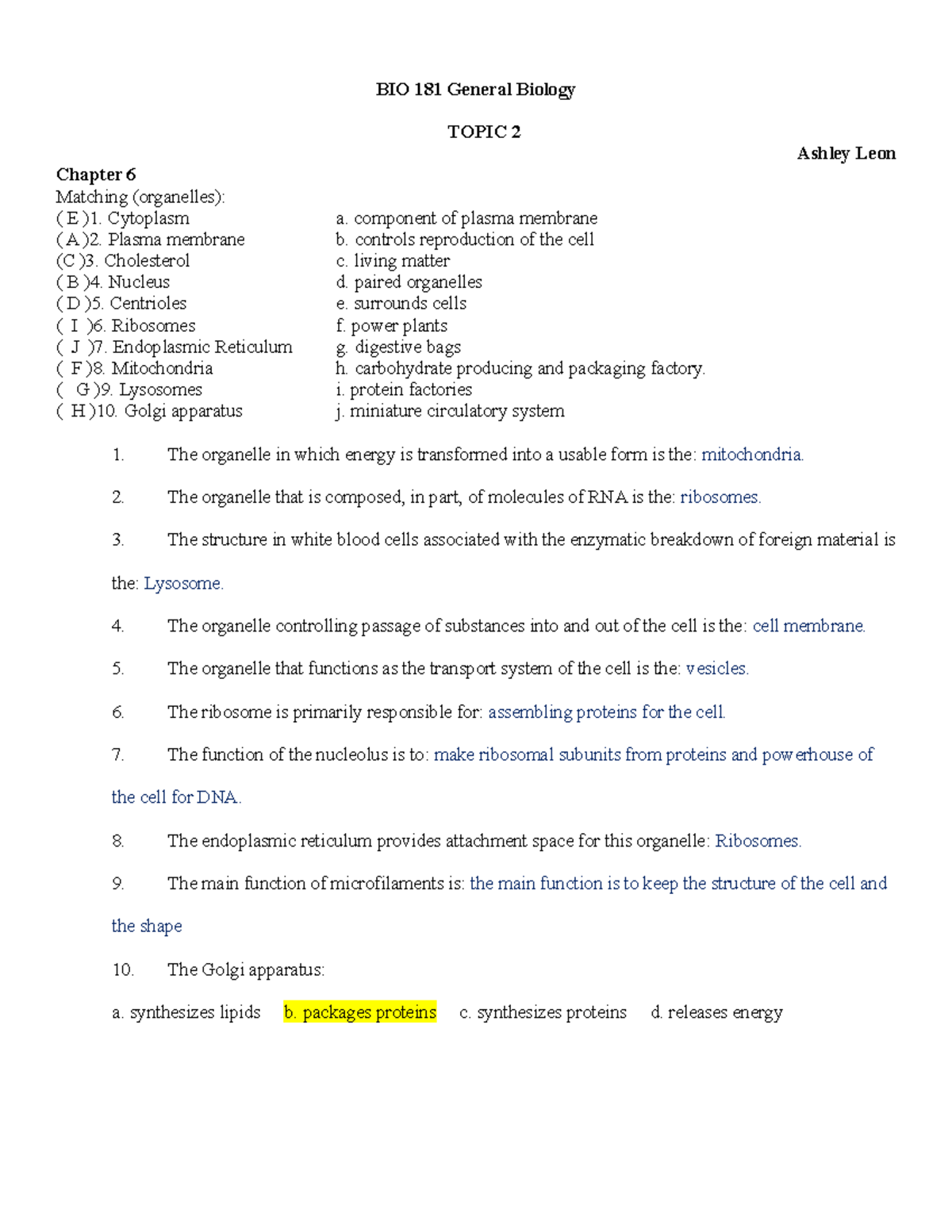 Bio WEEK 3-HW- CH 6 - BIO 181 General Biology TOPIC 2 Ashley Leon ...