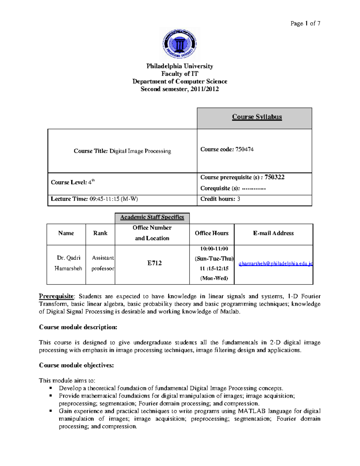 Digital Image Processing 0750474 syllabus - Philadelphia University ...