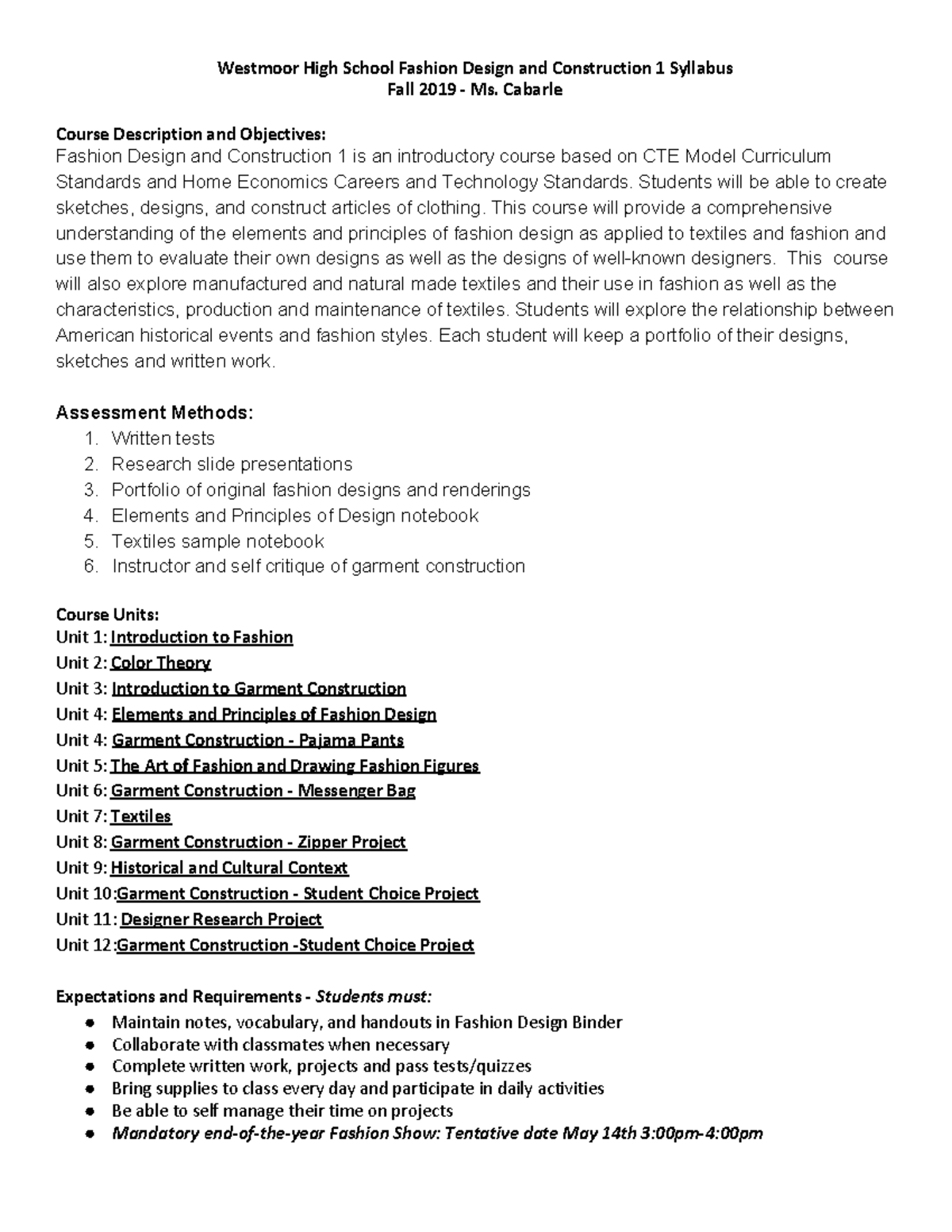 Fashion Design 1 Syllabus - Westmoor High School Fashion Design and ...