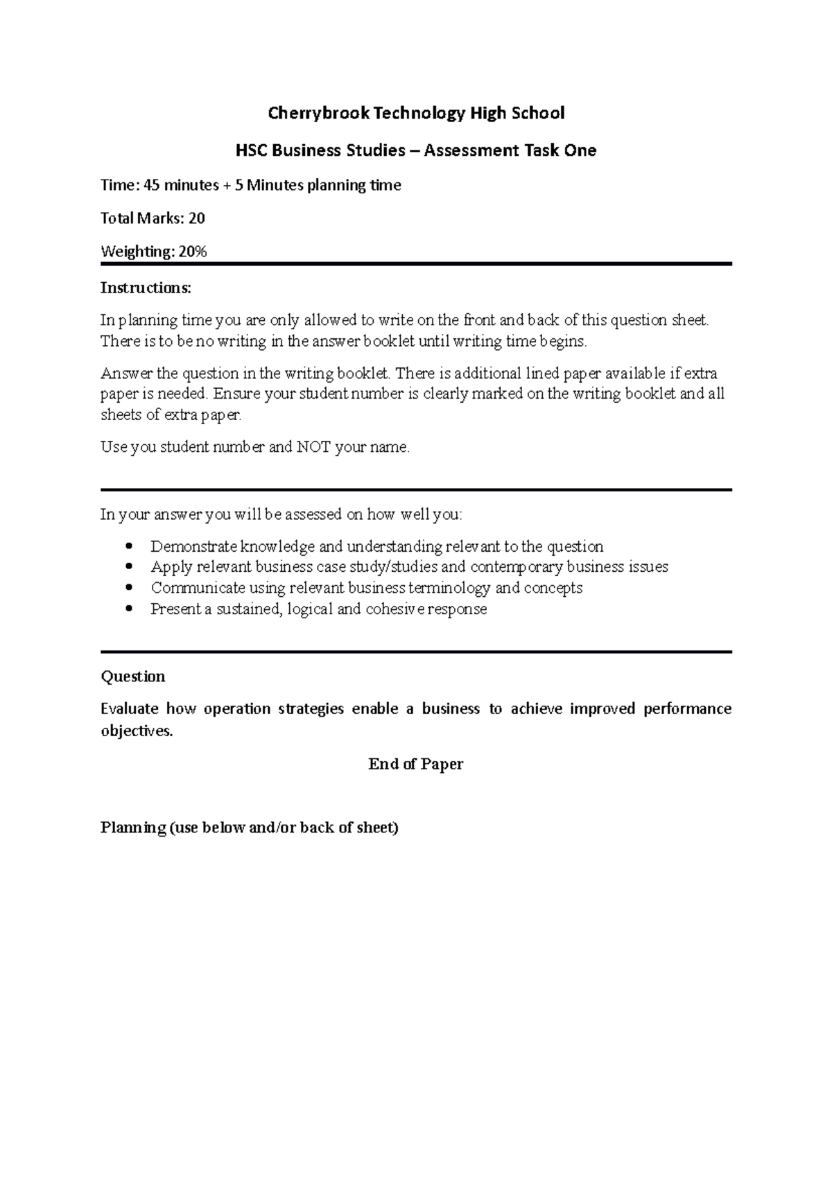 2018 assessment task question - Cherrybrook Technology High School HSC Business Studies ...