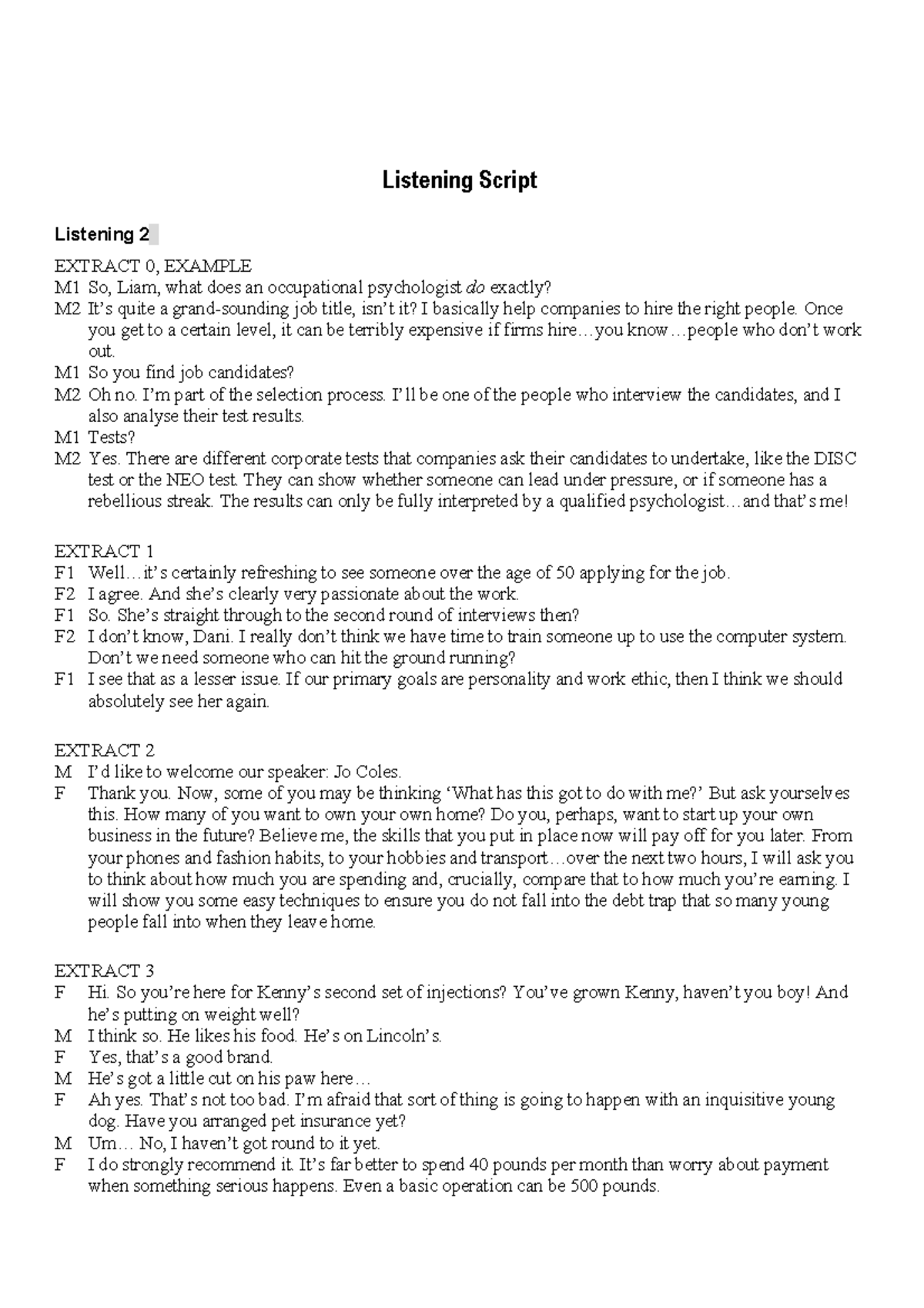 Listening - inglés - Listening Script Listening 2 EXTRACT 0, EXAMPLE M1 ...