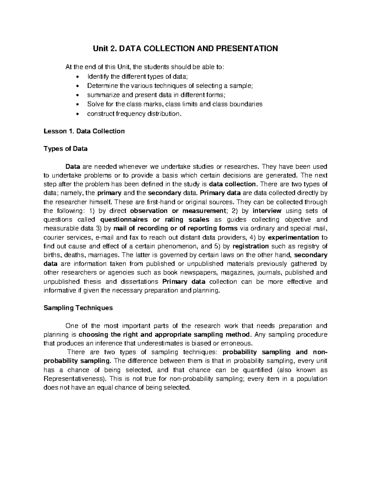 Unit 2 - Unit 2. DATA COLLECTION AND PRESENTATION At the end of this ...