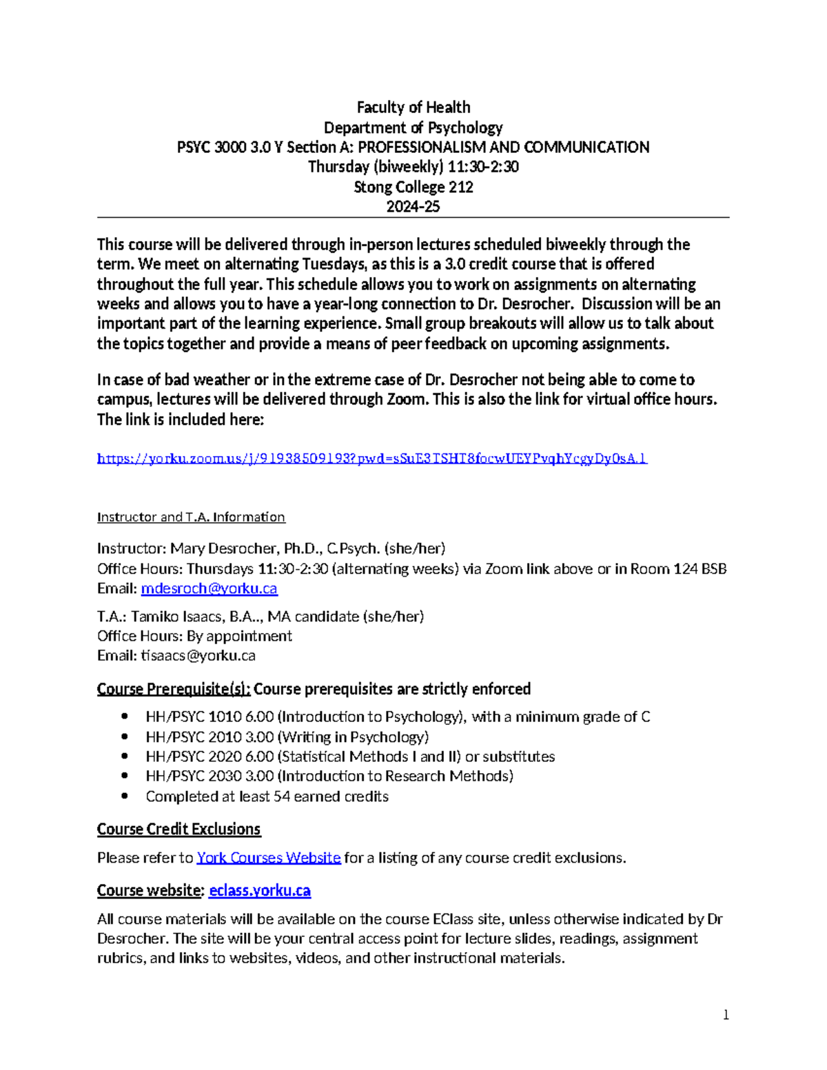 PSYC 3000 2024-25 Section A Thursdays - Faculty of Health Department of ...