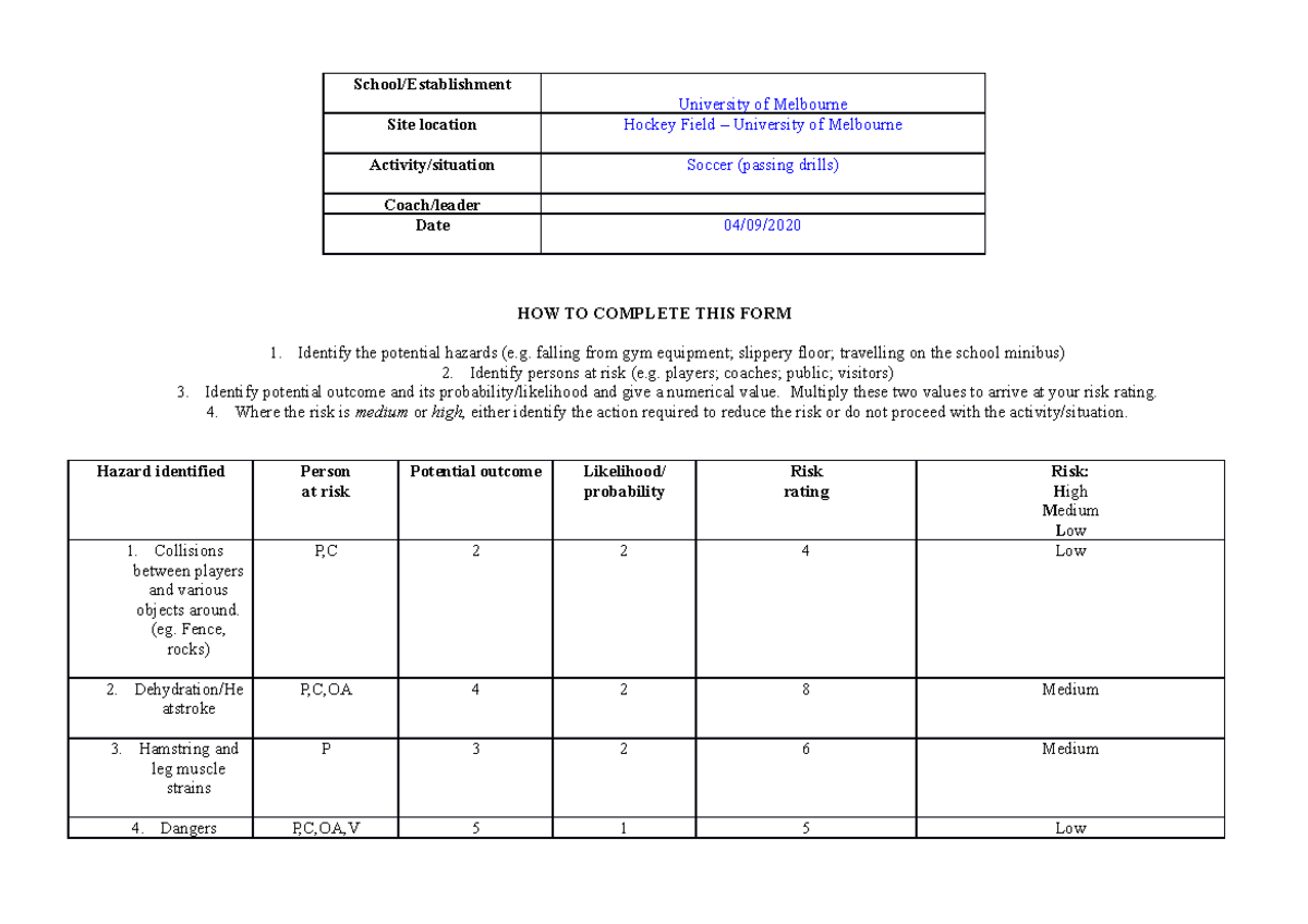 Risk Assessment - soccer drills - HOW TO COMPLETE THIS FORM Identify ...