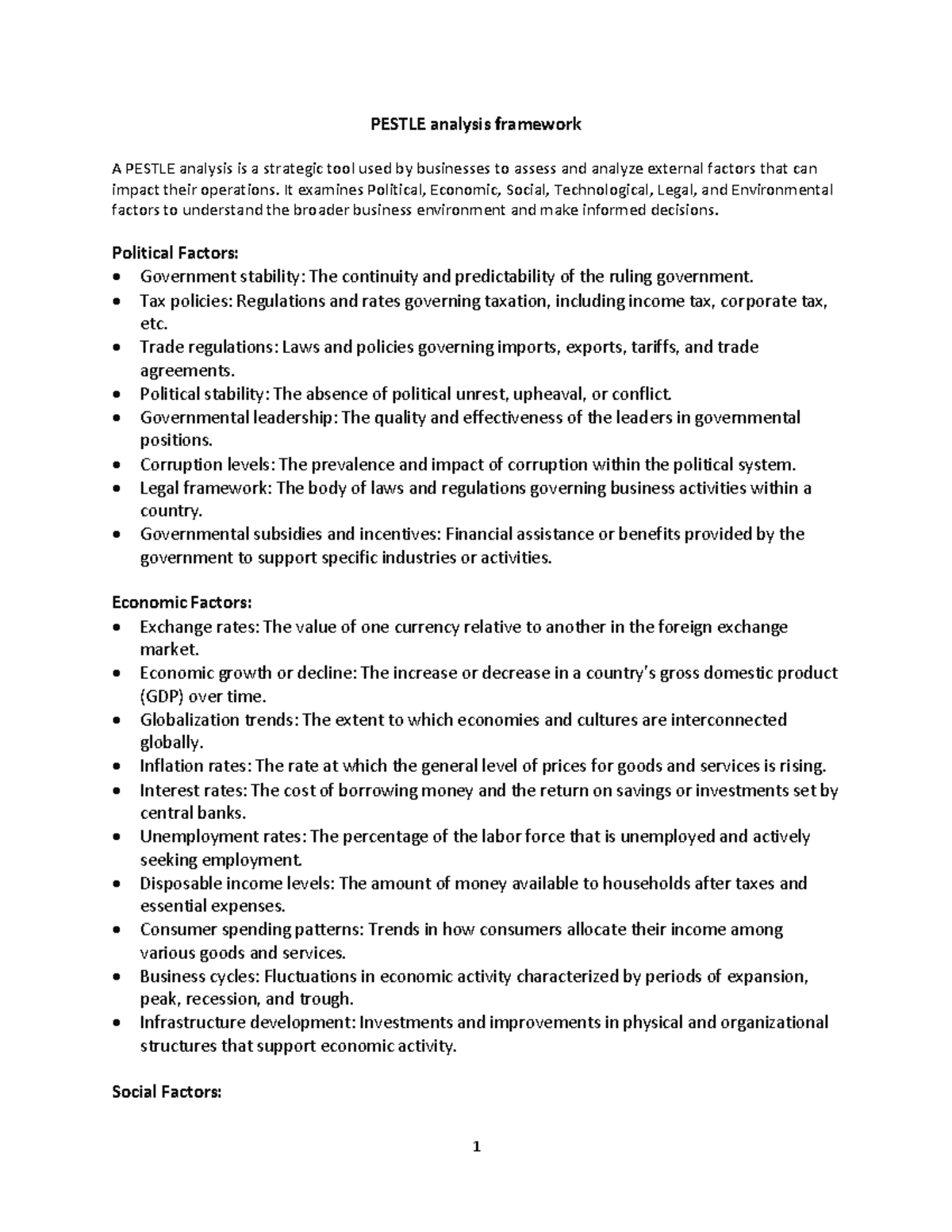 Pestle analysis (framework) - 1 PESTLE analysis framework A PESTLE ...