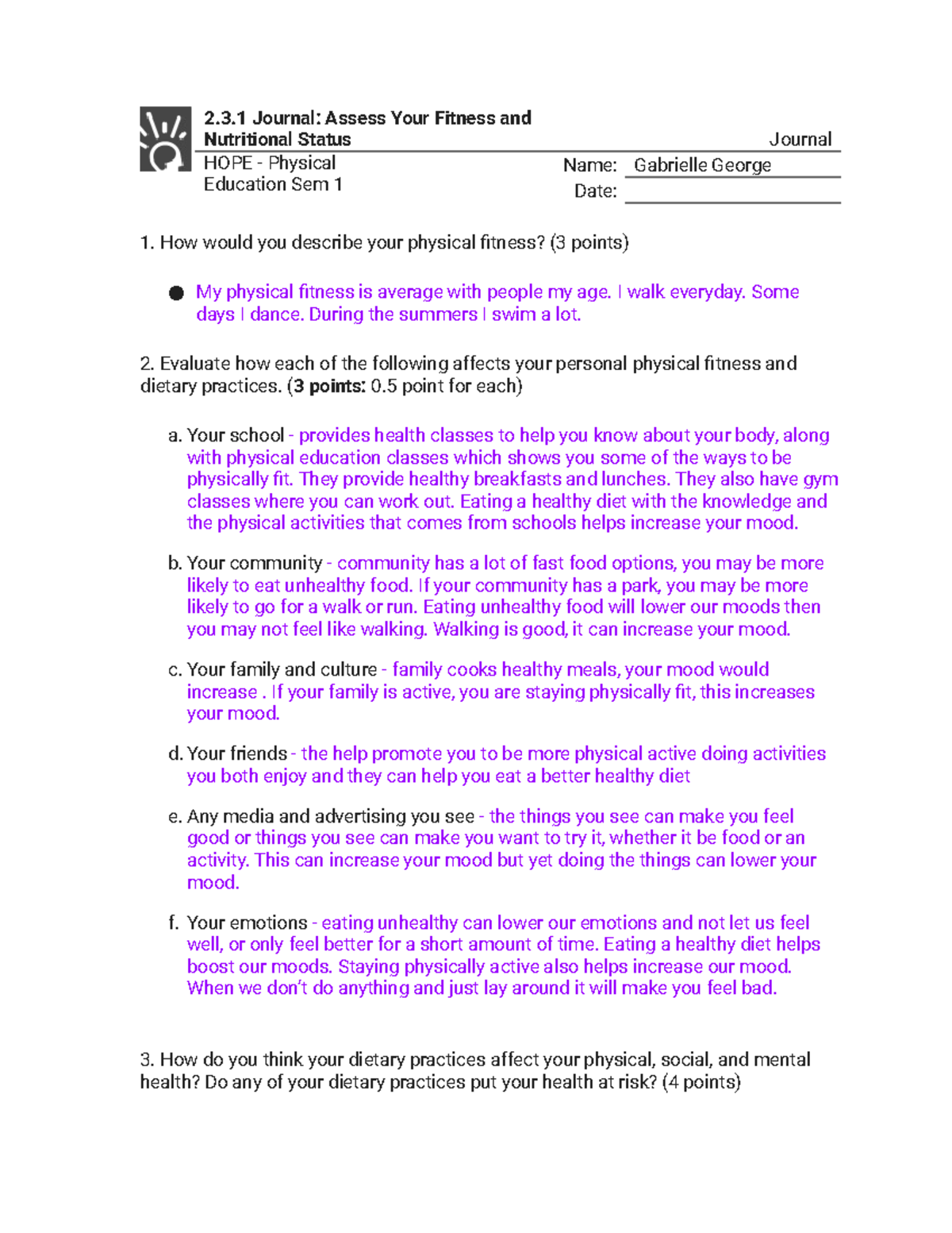 G 2.3.1 Journal - Assess Your Fitness and Nutritional Status (Journal ...