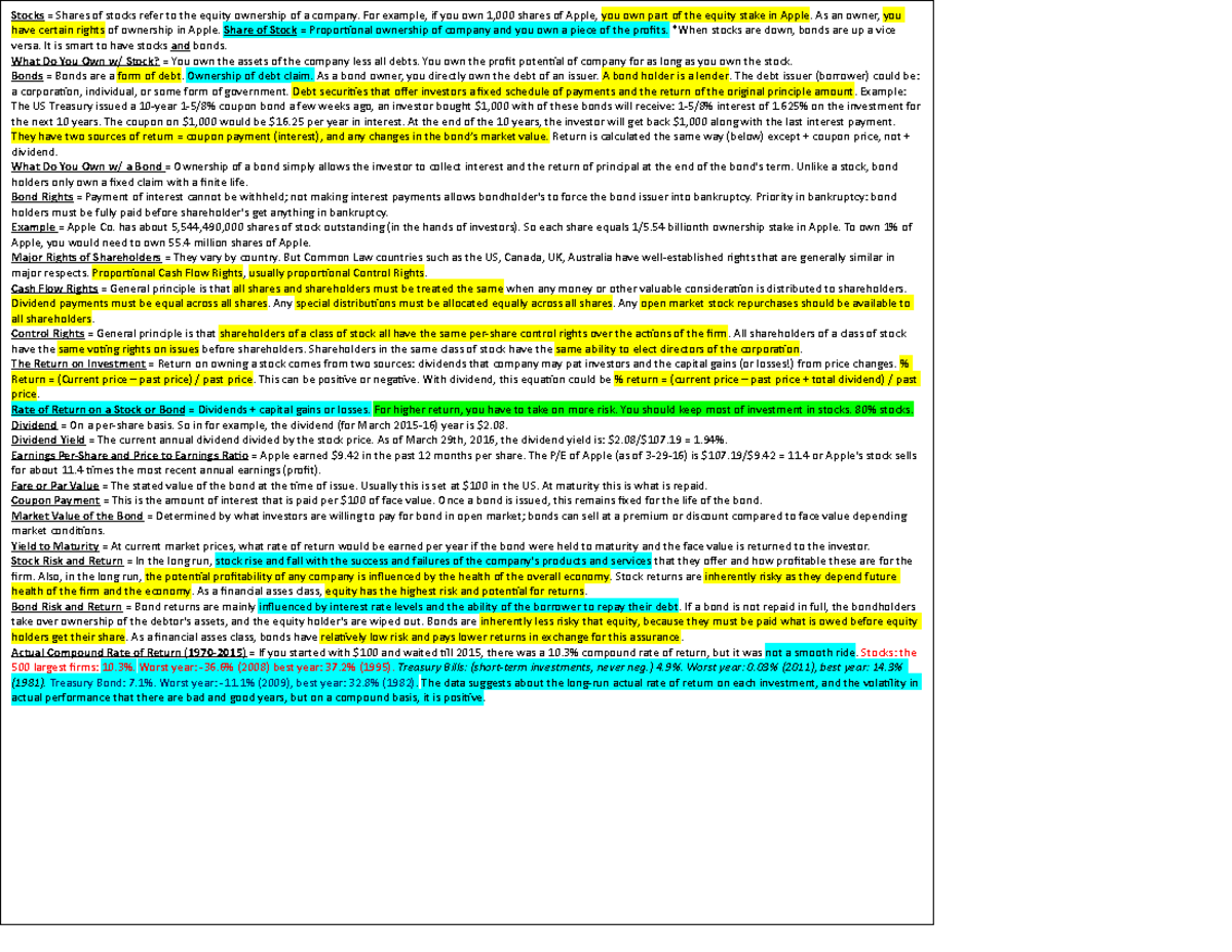 FIN101 Stocks and Bonds Notes - Stocks = Shares of stocks refer to the ...