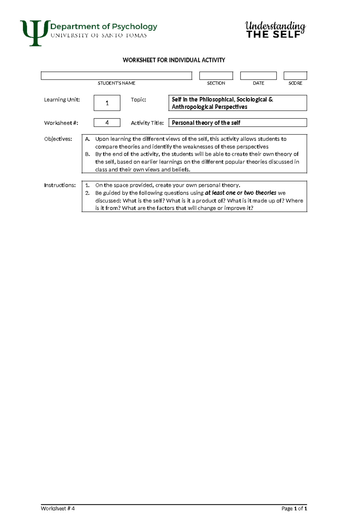Worksheet #1 - Personal Theory - WORKSHEET FOR INDIVIDUAL ACTIVITY ...