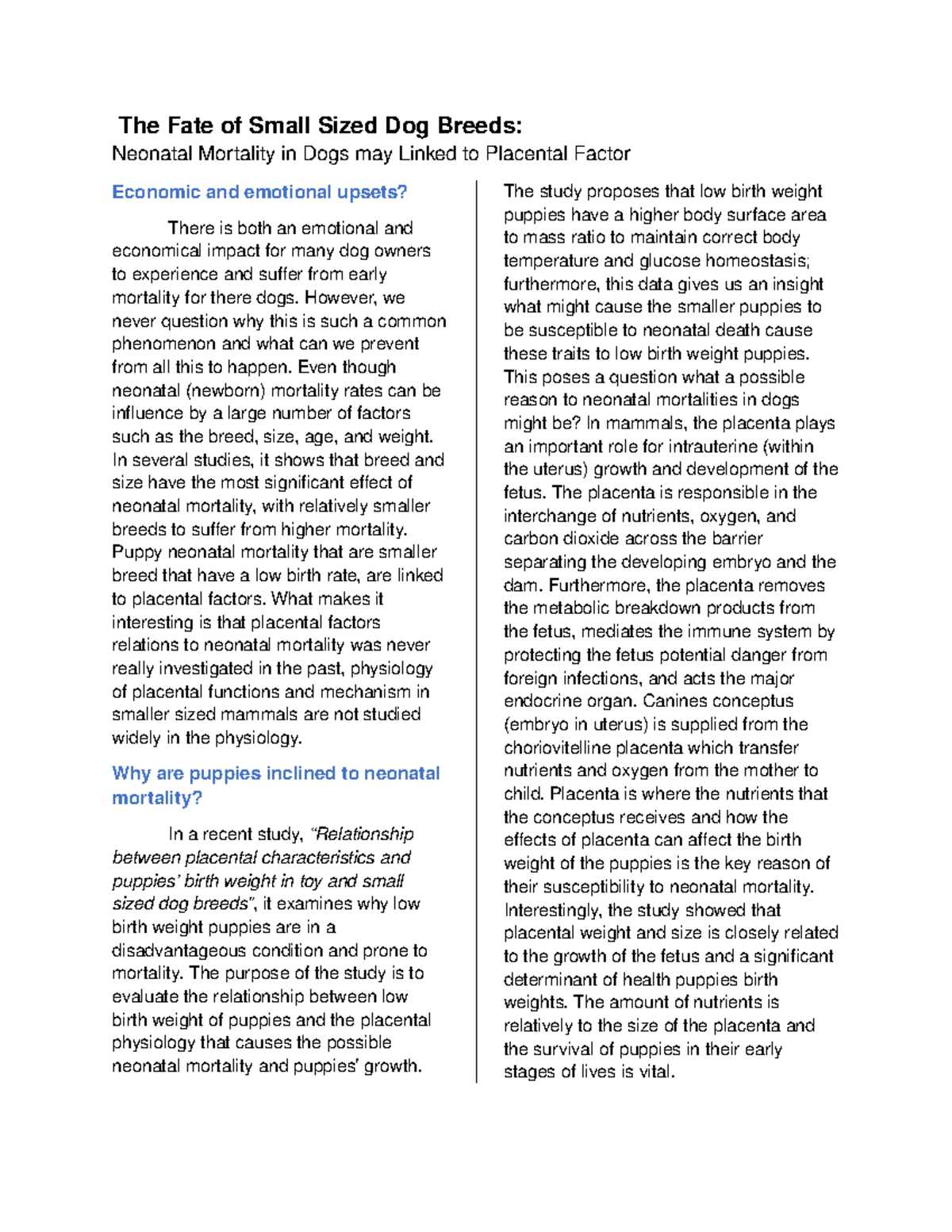 Popular Press Article - The Fate of Small Sized Dog Breeds: Neonatal ...