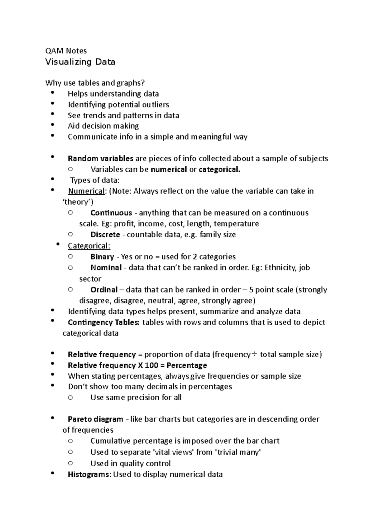 QAM Notes - QAM Notes Visualizing Data Why use tables and graphs? Helps ...