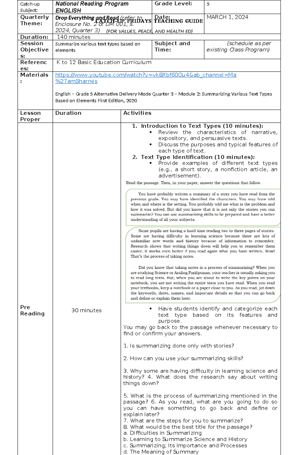 Grade 5-national reading program - CATCH-UP FRIDAYS TEACHING GUIDE (FOR ...