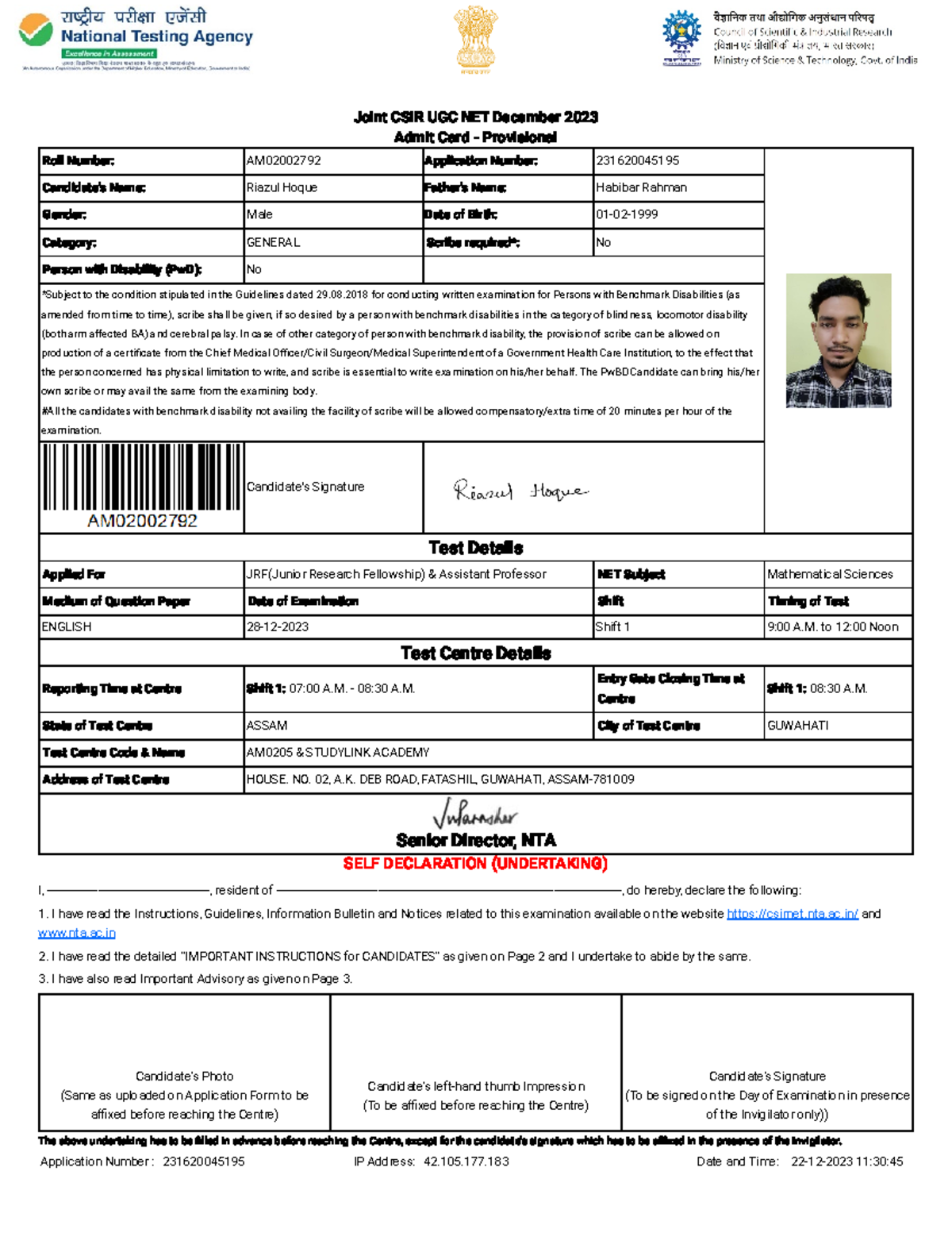Csirnet - Joint CSIR UGC NET December 2023 Admit Card - Provisional ...