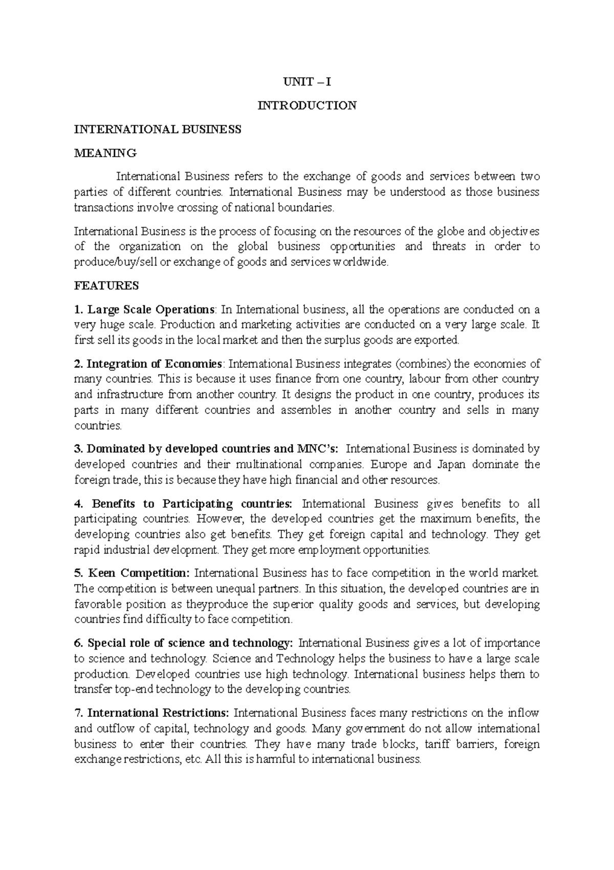 International Business UNIT I INTRODUCTION INTERNATIONAL BUSINESS