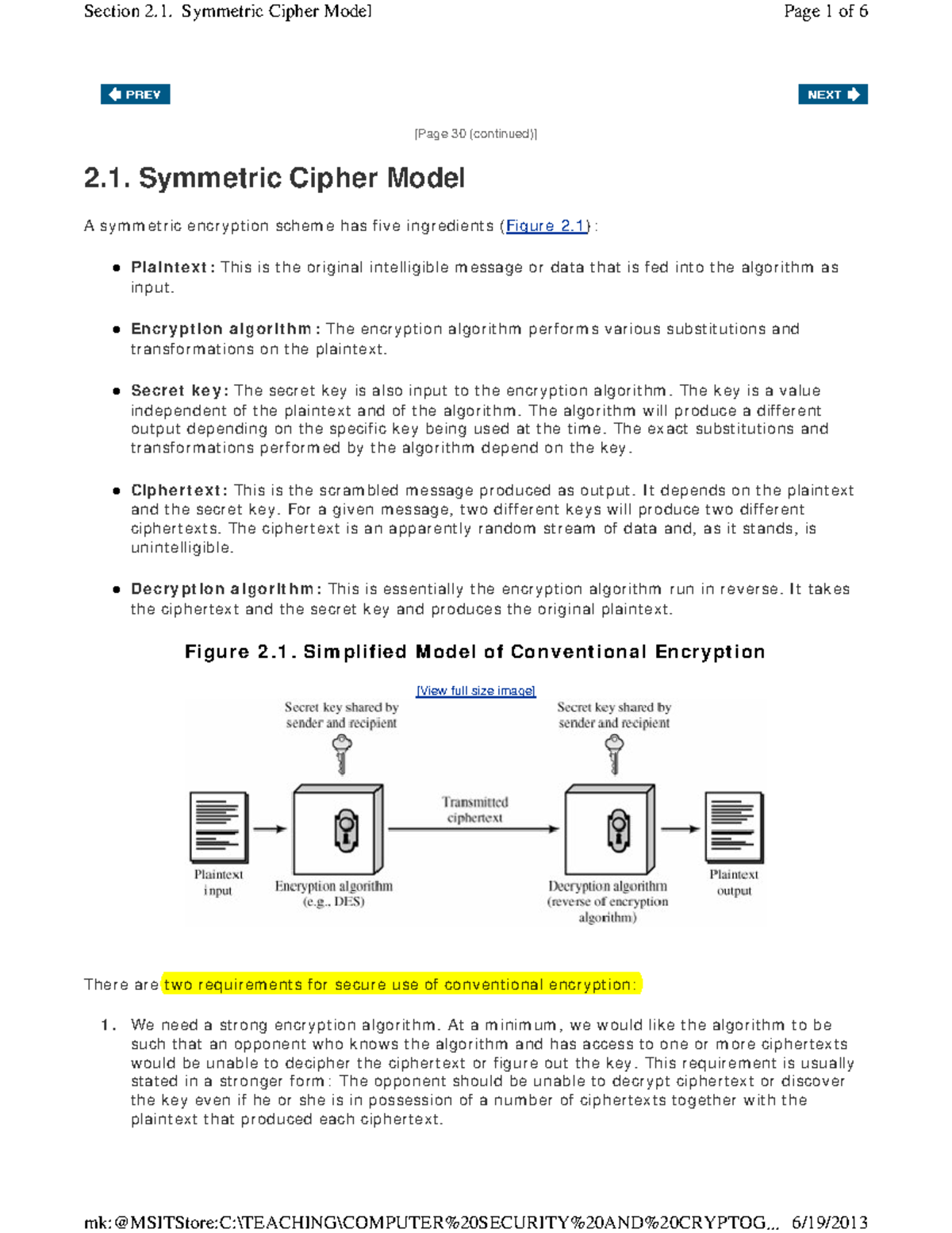 Cryptography intro - [Page 30 (continued)] 2. Symmetric Cipher Model A ...