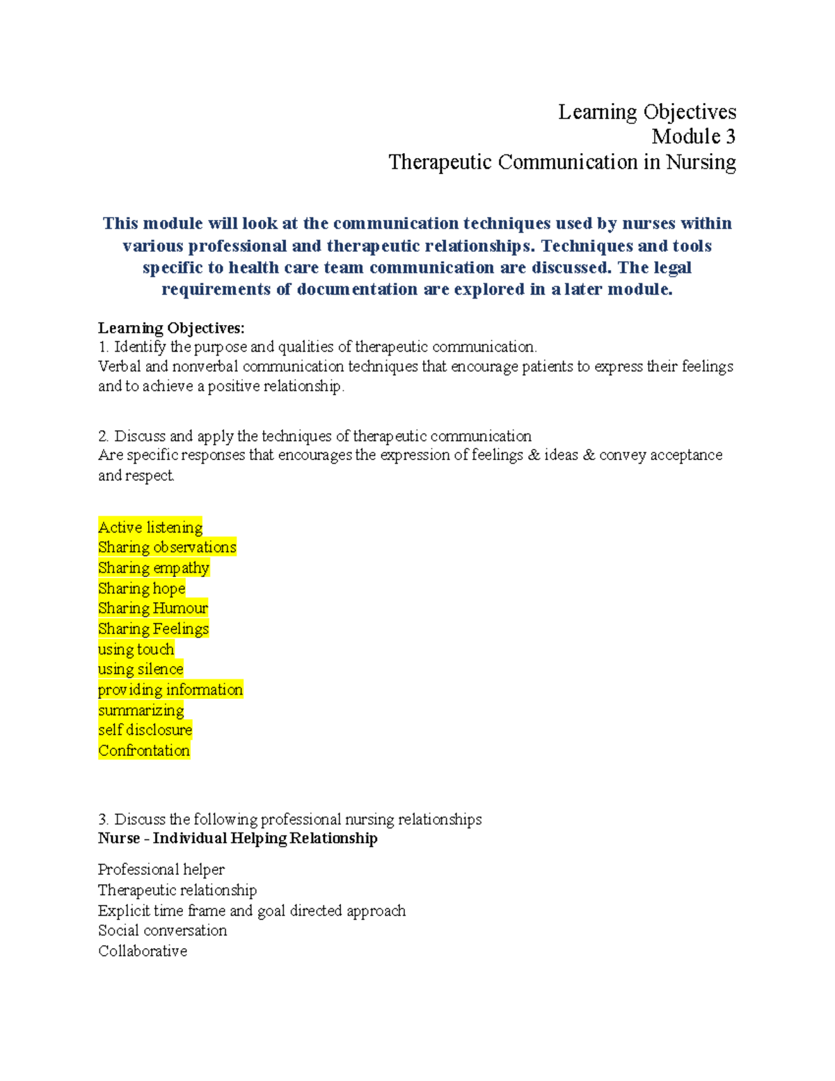 Nursing Arts LO Module 3 - Learning Objectives Module 3 Therapeutic ...