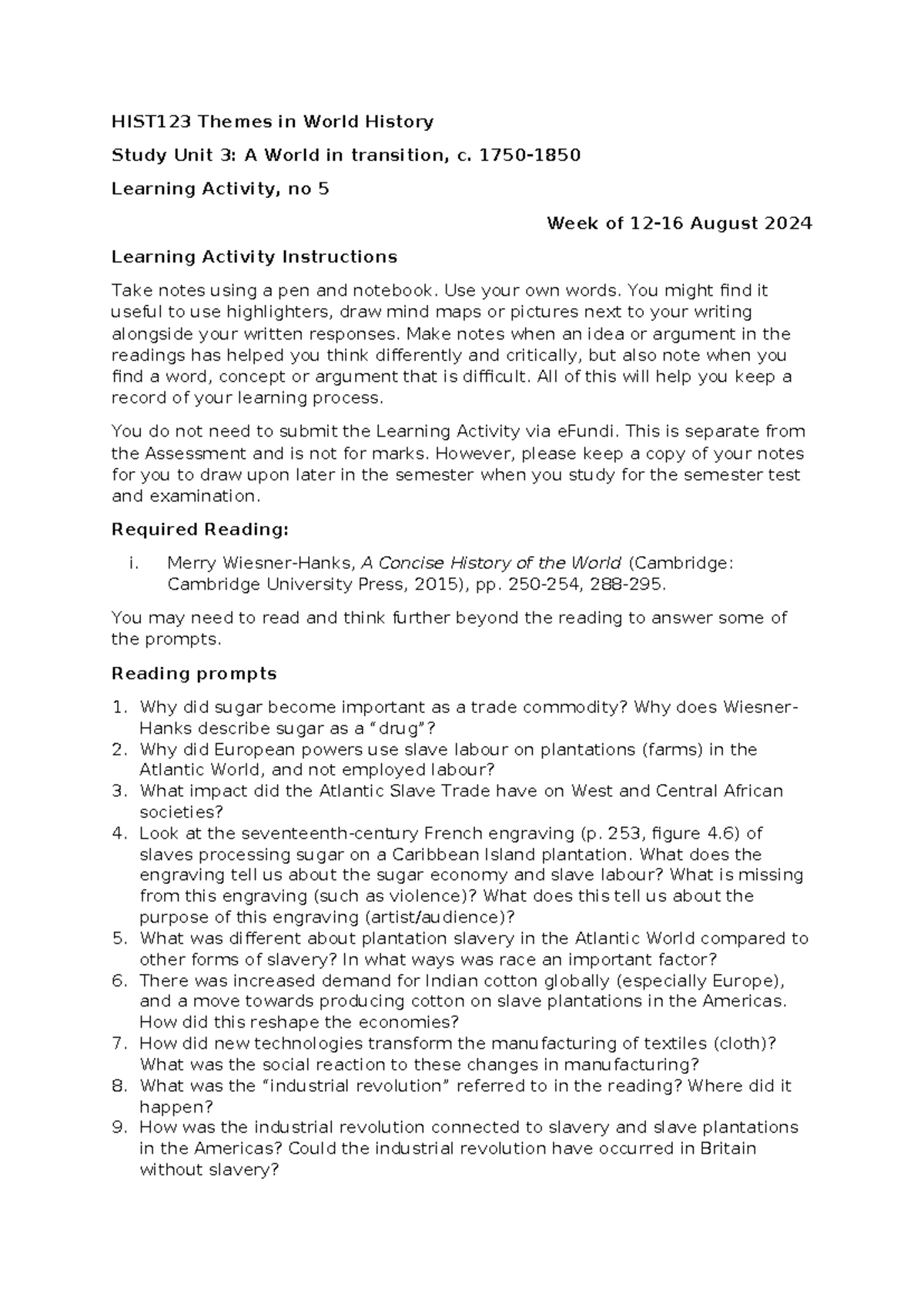 HIST123 2024 Learning Practical activity 5 - HIST123 Themes in World ...