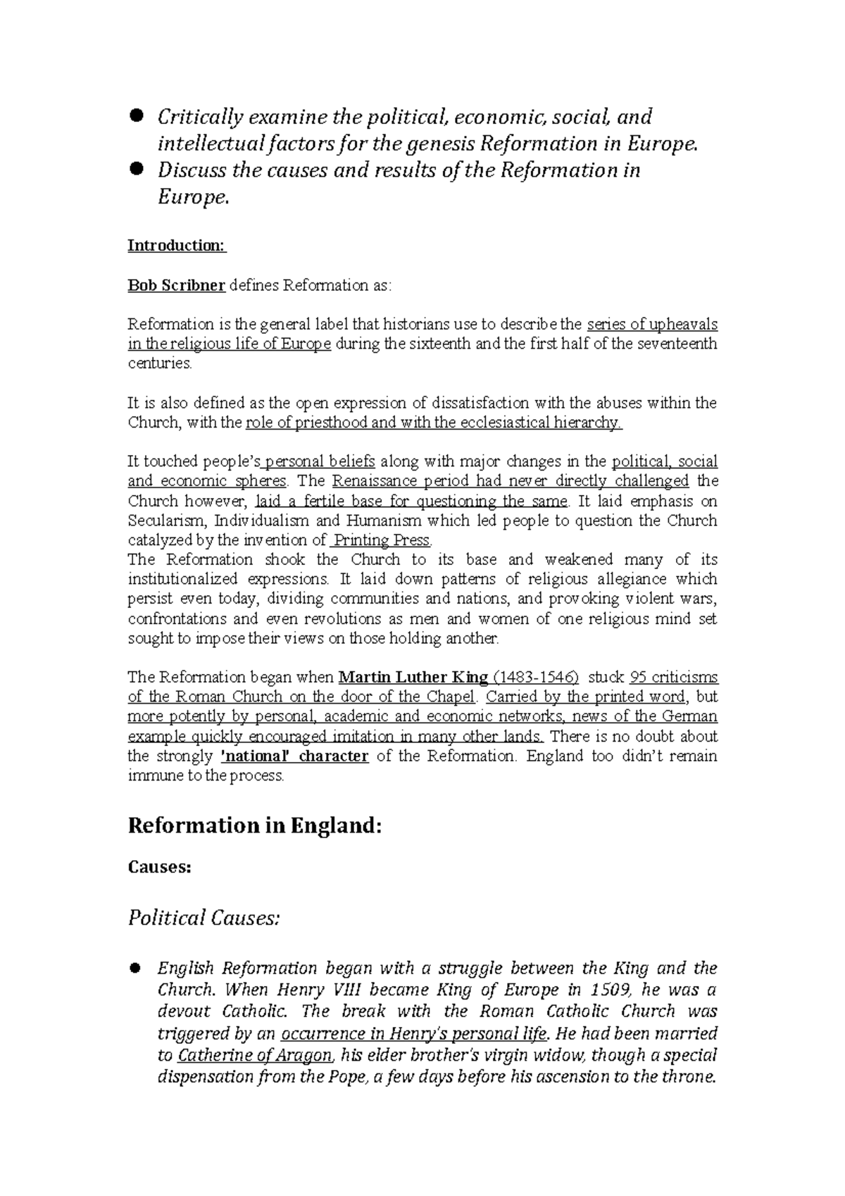 Reformation in Europe - Discuss the causes and results of the ...