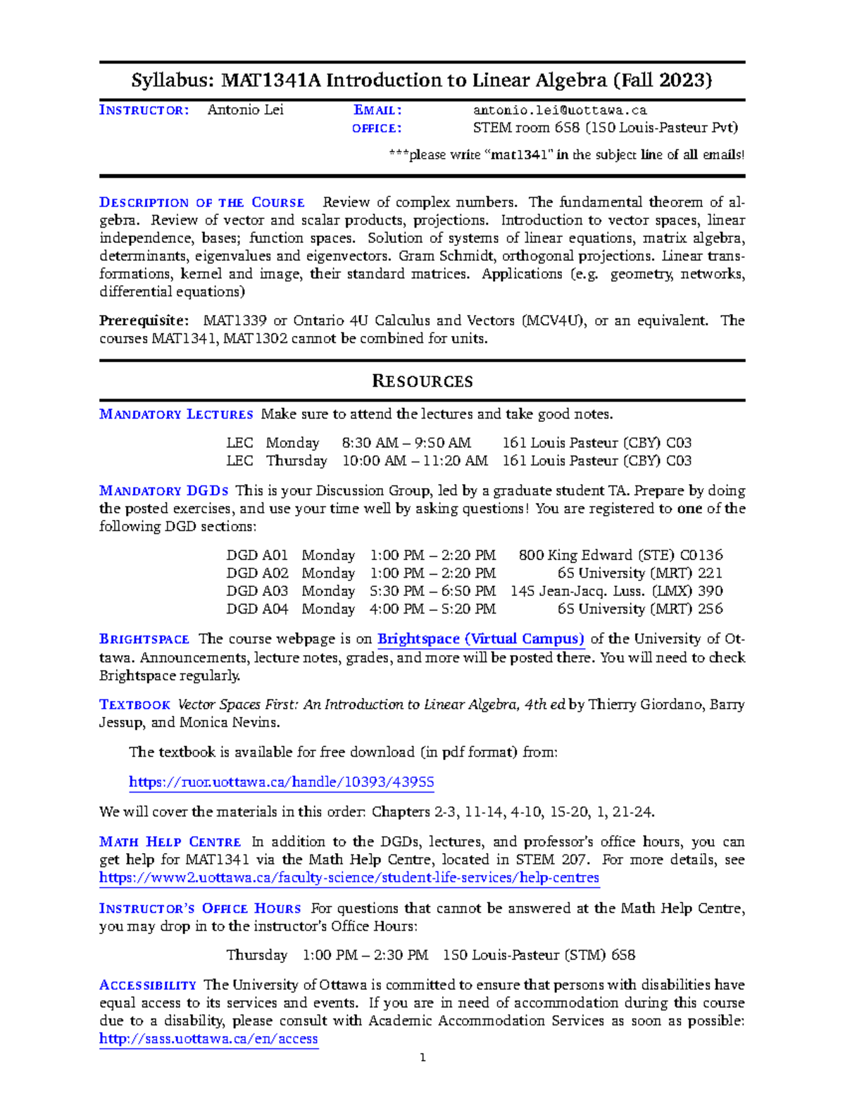 MAT1341 A Fall 2023 Syllabus - Syllabus: MAT1341A Introduction to ...