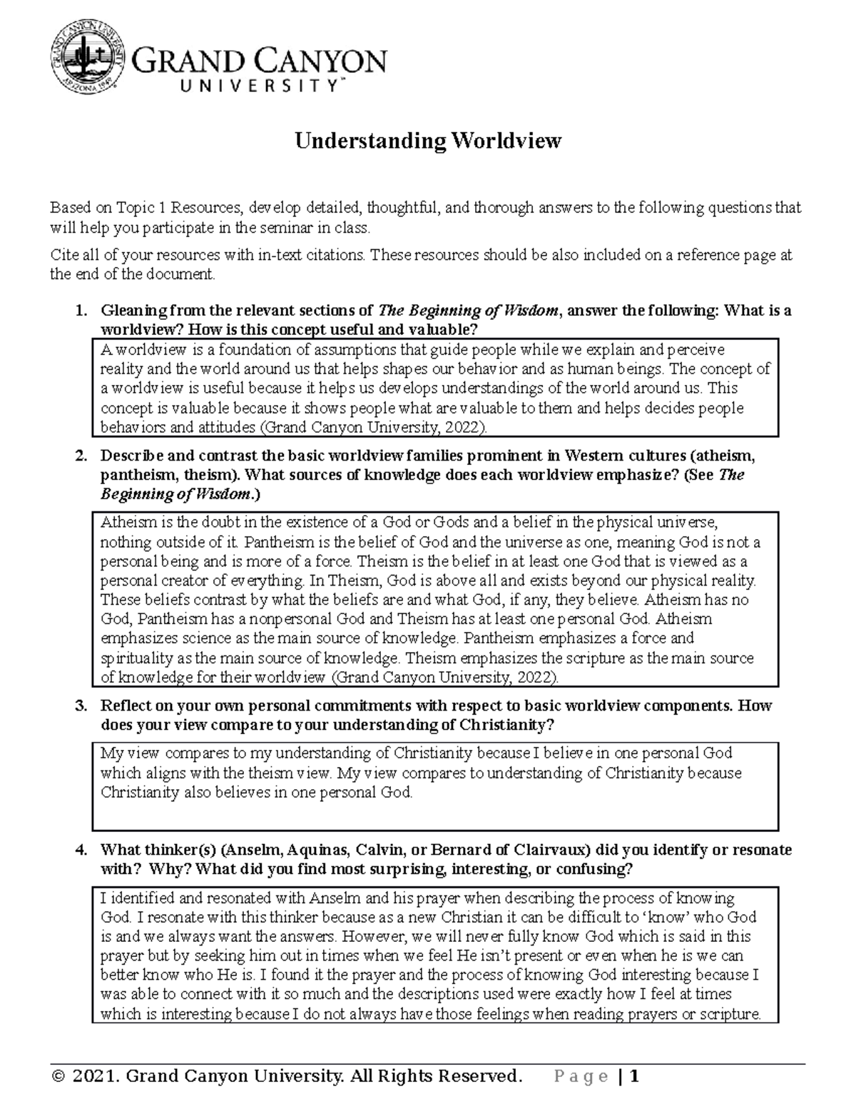 CWV Seminar 1 - Understanding Worldview Based on Topic 1 Resources ...