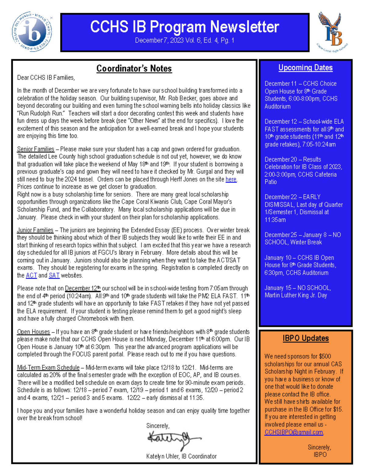 Dec 23 - bleh - Upcoming Dates December 11 – CCHS Choice Open House for ...