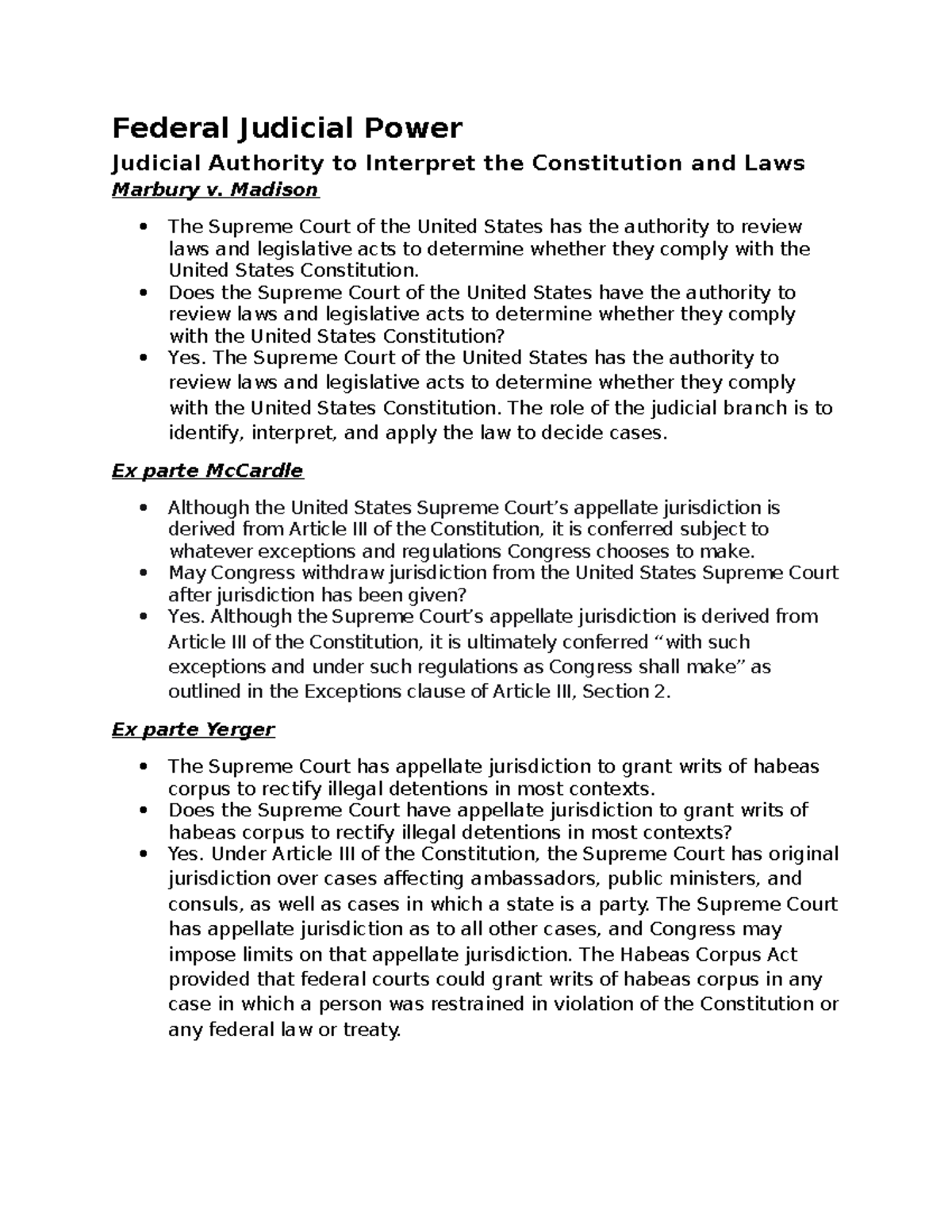 Short outline - Summary Constitutional Law I - Federal Judicial Power ...