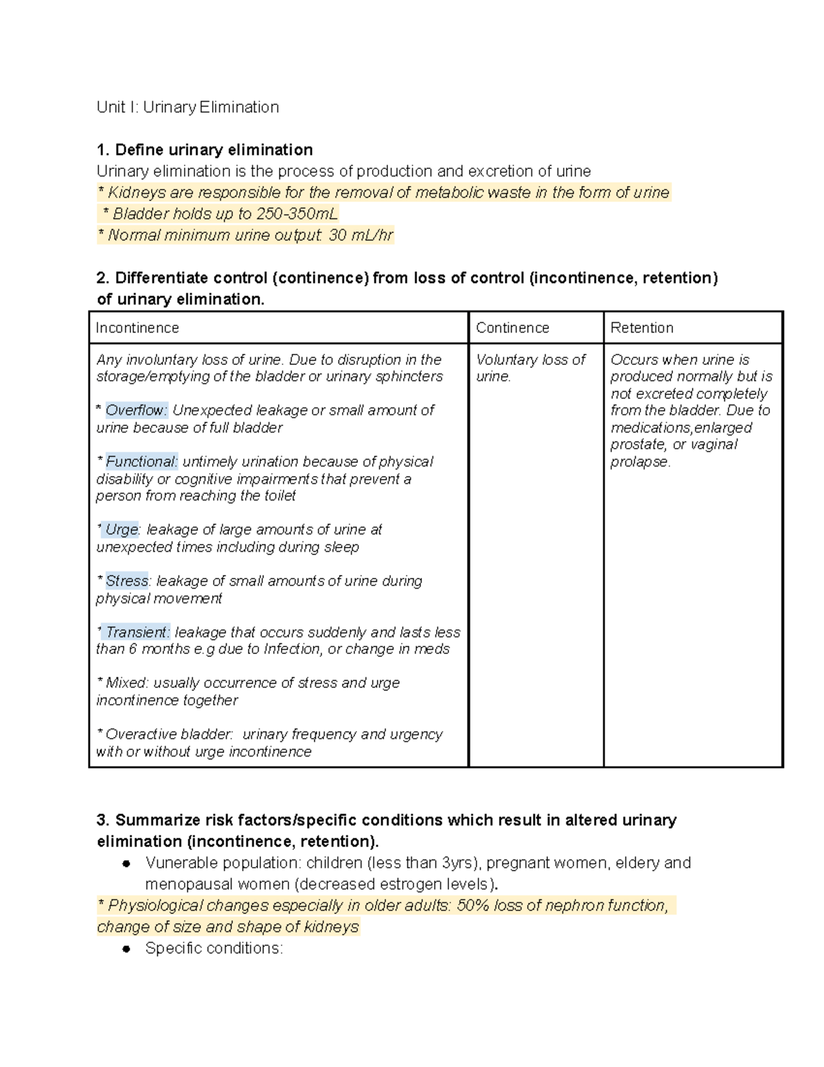 Urinary Elimination - Unit I: Urinary Elimination Define urinary ...
